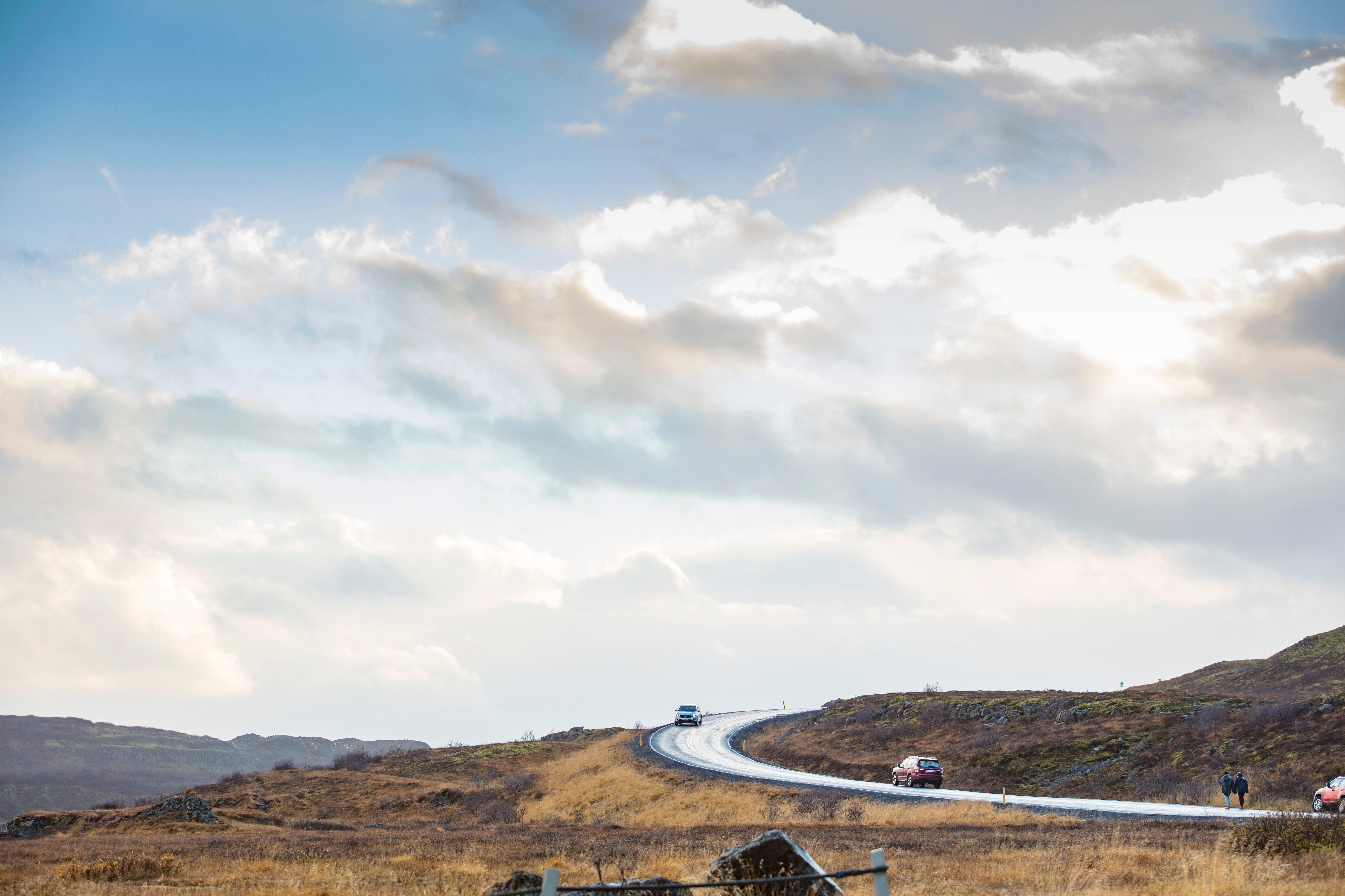 A car driving down a road in the middle of a field · Free Stock Photo