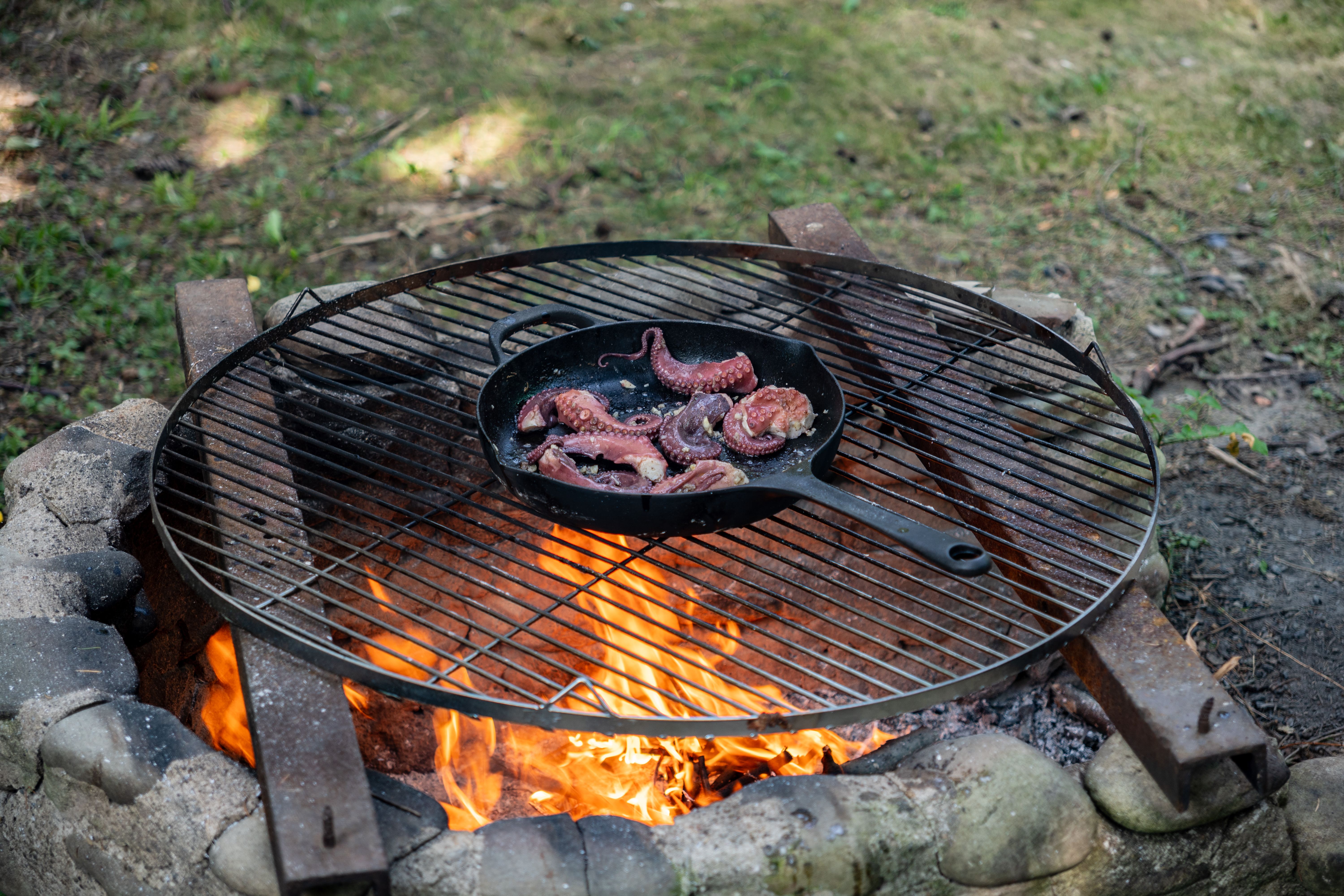 A cast iron grill with a skillet on it · Free Stock Photo