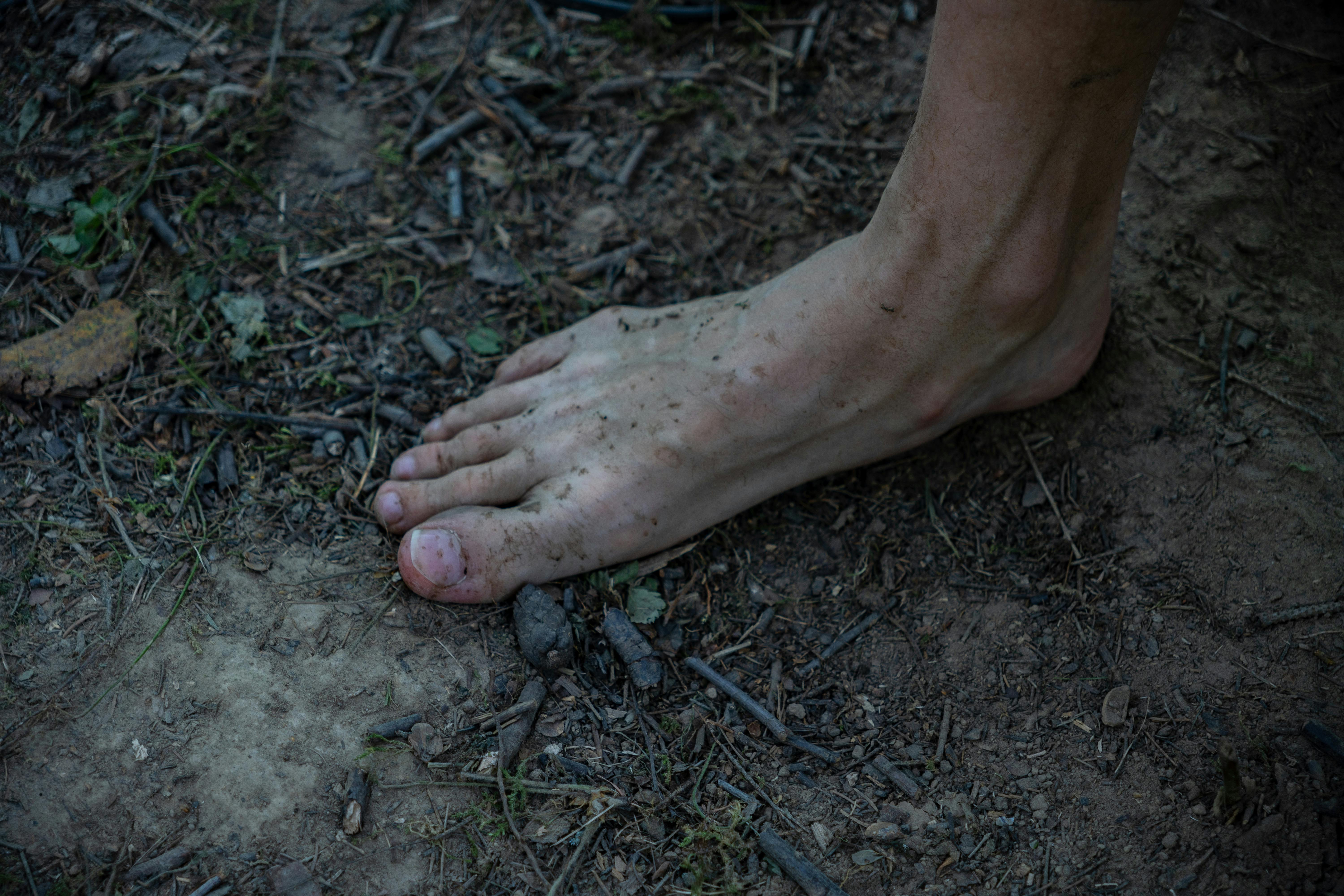 A person's bare feet on the ground in the woods · Free Stock Photo
