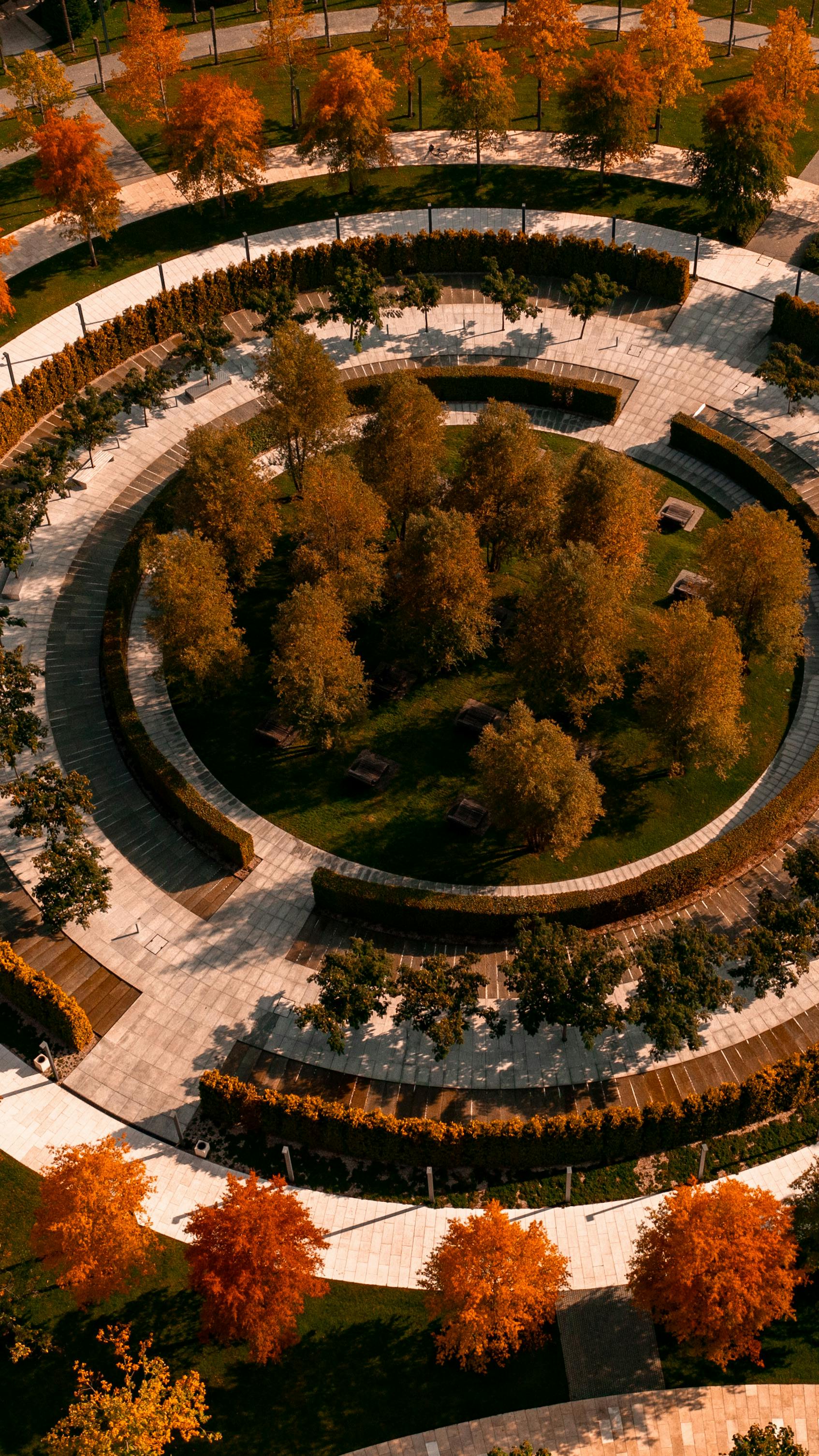 An aerial view of a circular park with trees · Free Stock Photo