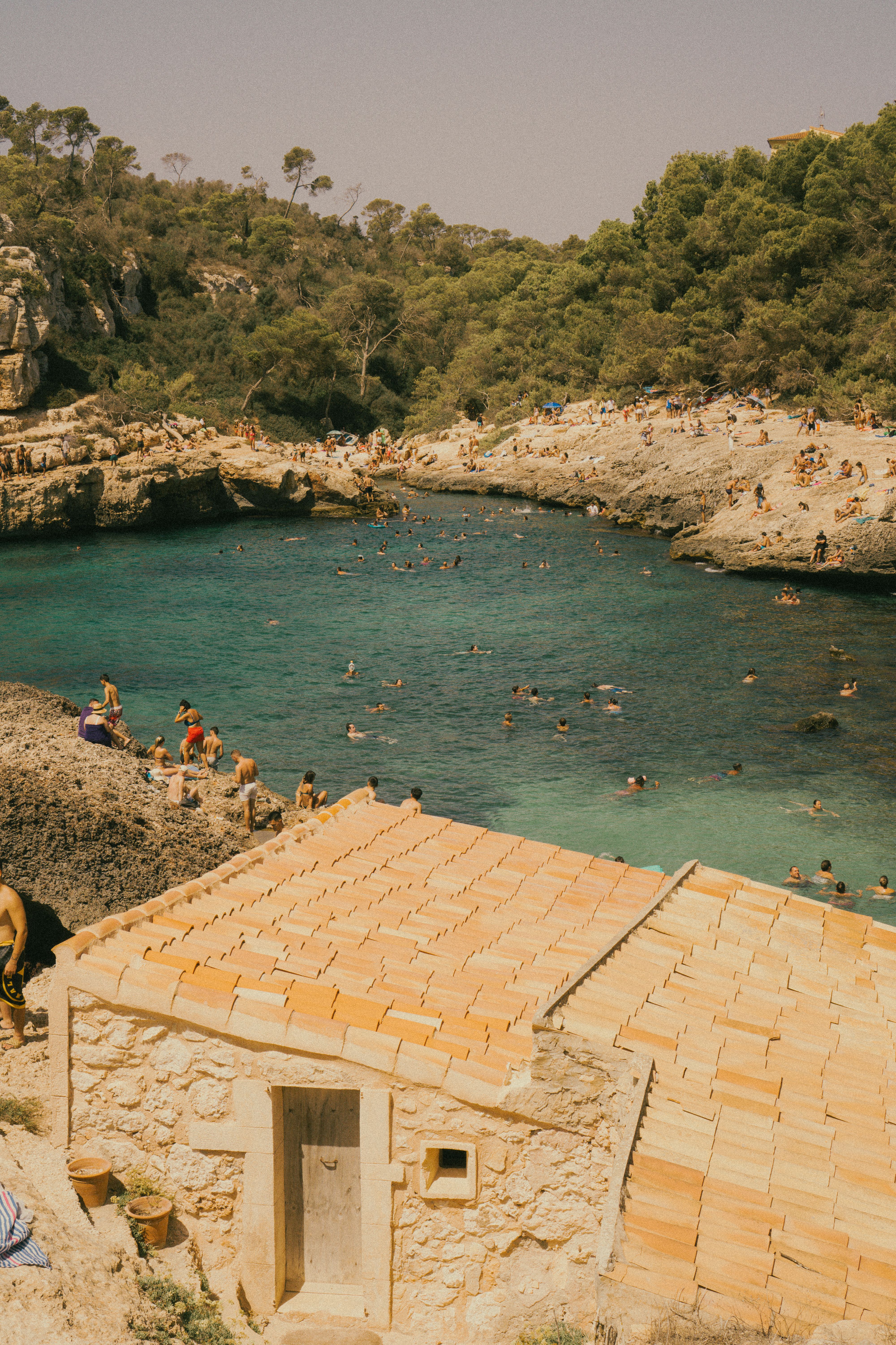 A group of people swimming in the water near a cliff · Free Stock Photo
