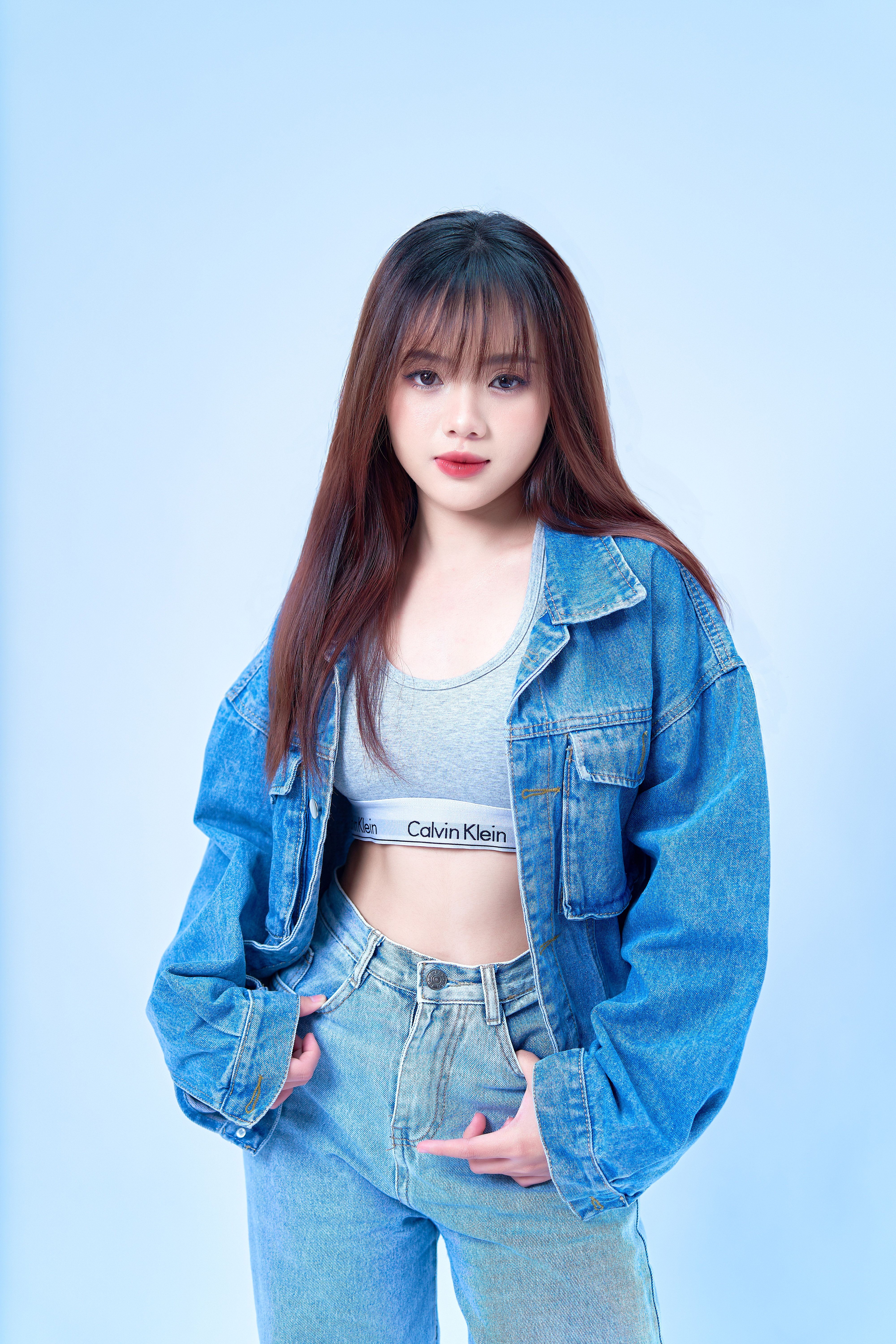 Studio Shot of Model in Denim Jacket · Free Stock Photo