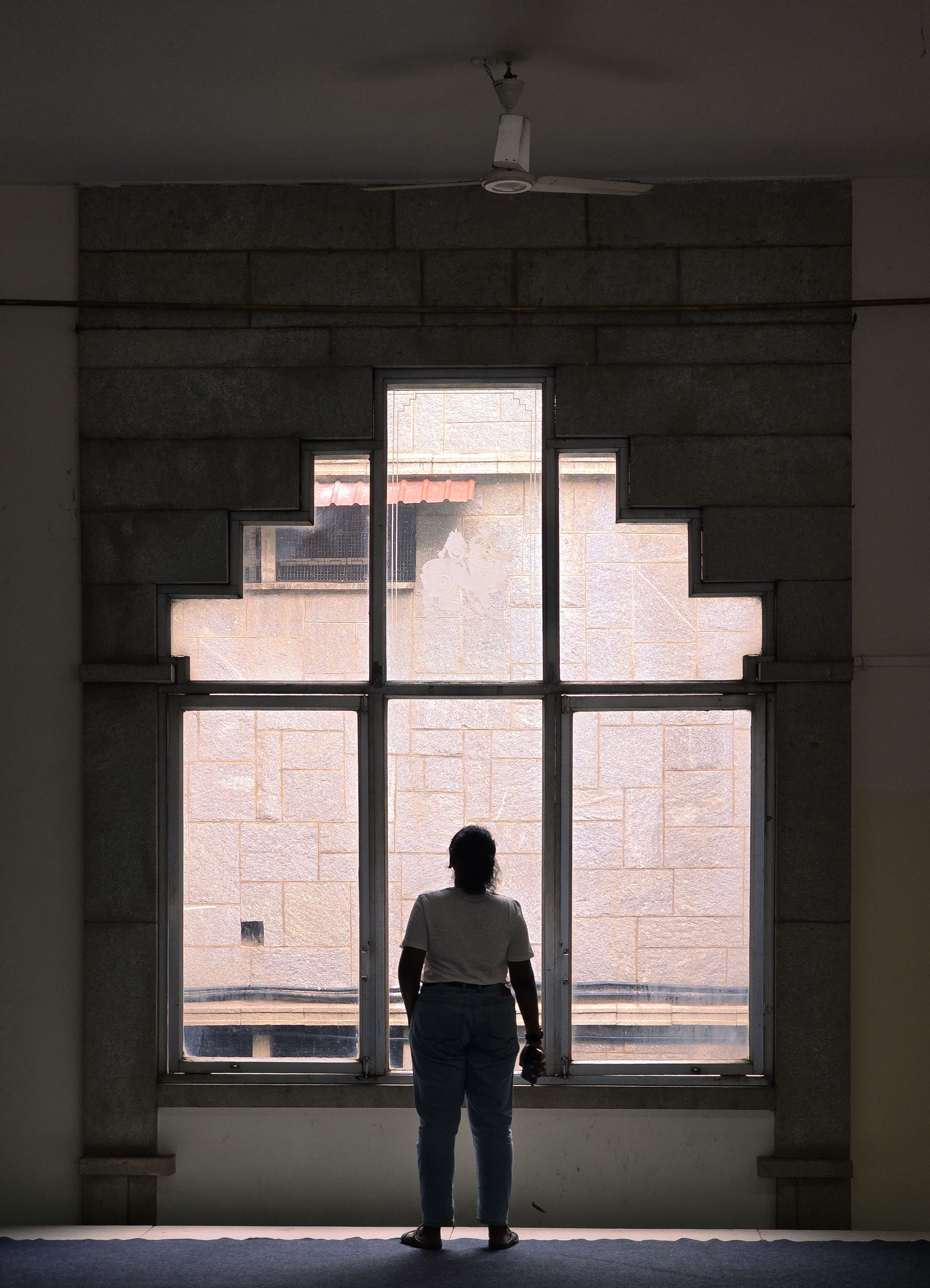 Person Staring Out Large Geometric Window Indoors · Free Stock Photo