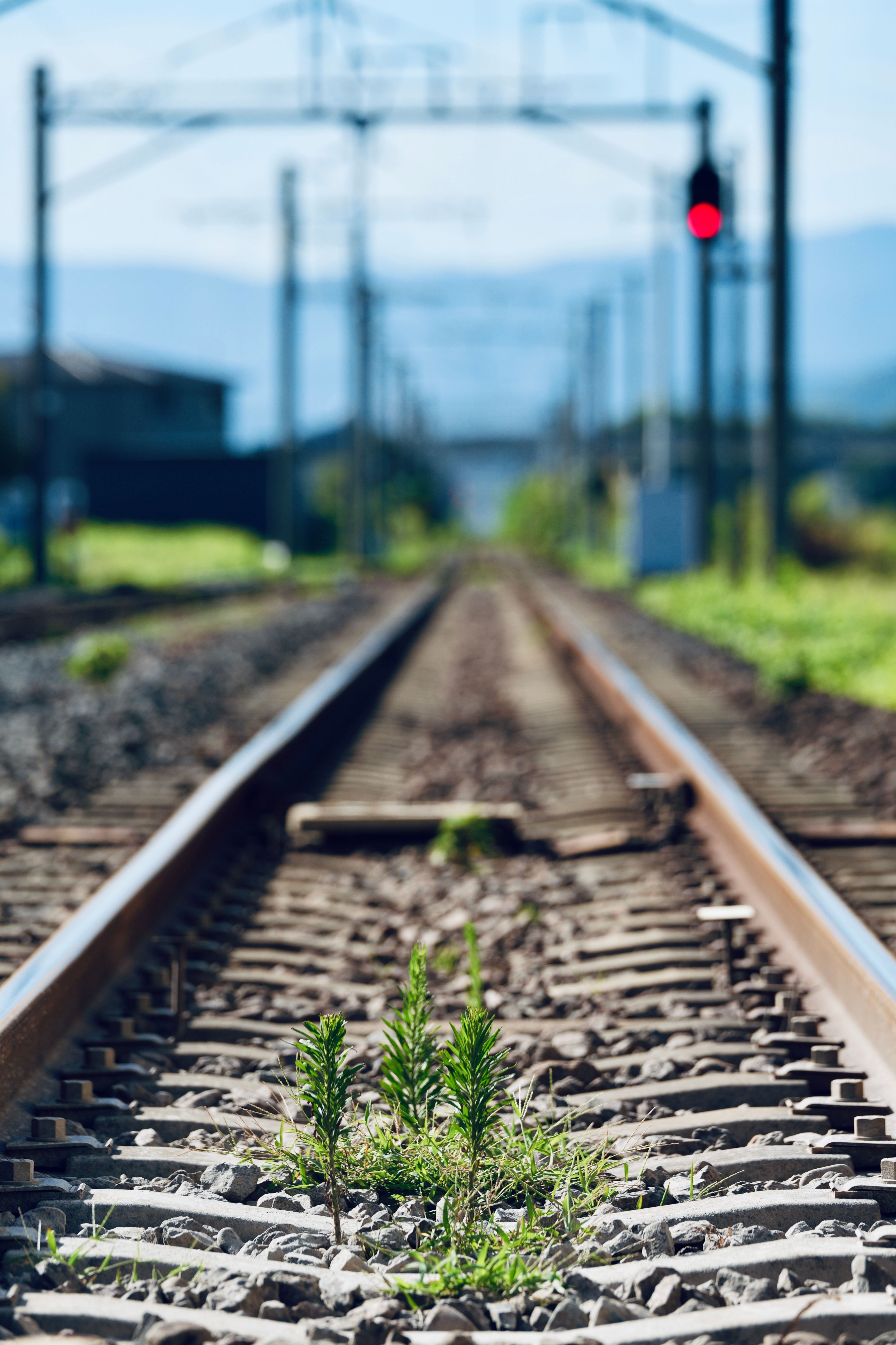 Close-up of Railway Tracks with Red Signal Light · Free Stock Photo