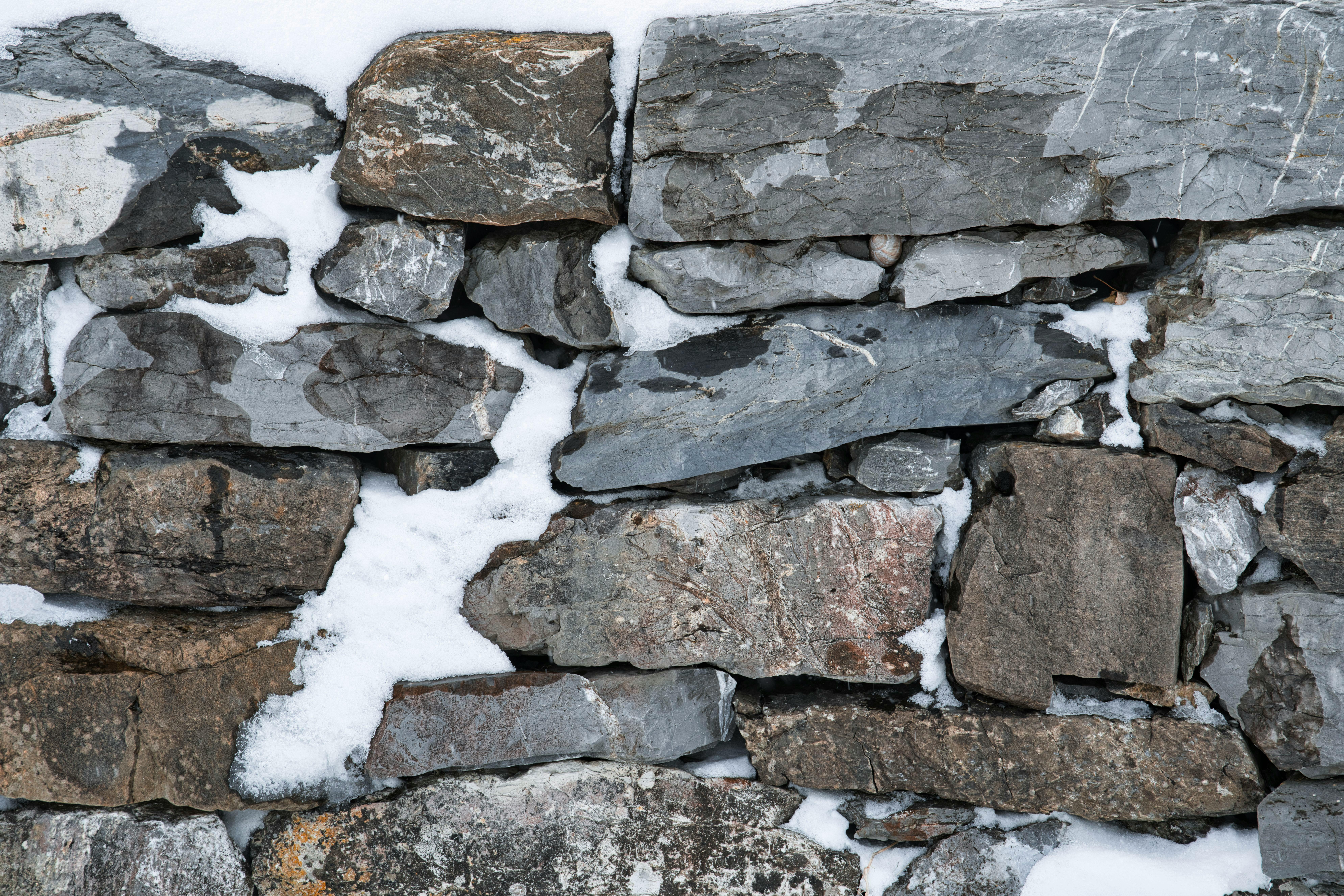 Snow-covered stone wall in winter setting · Free Stock Photo
