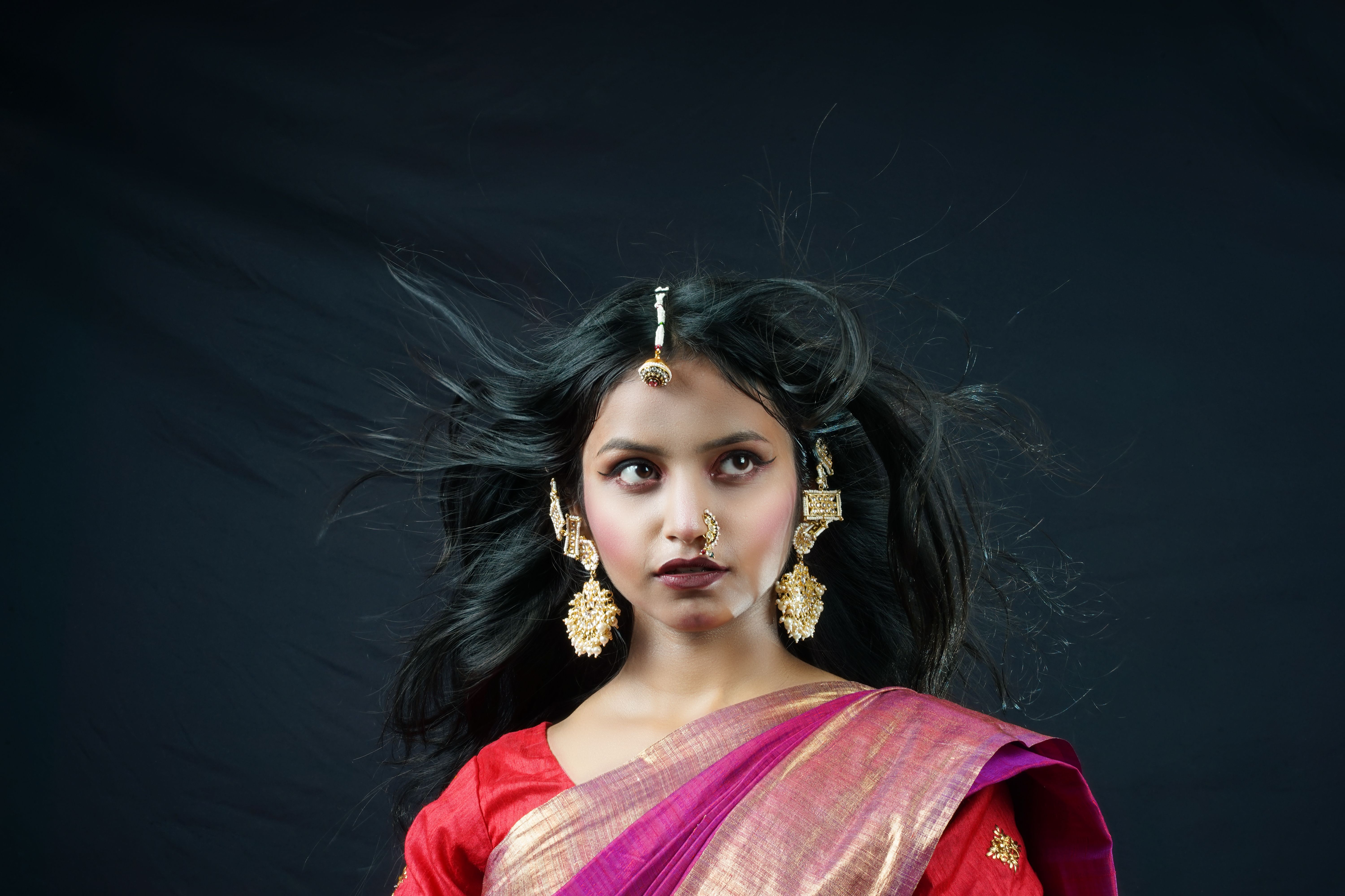 A young girl in a sari with her hair blowing in the wind · Free Stock Photo