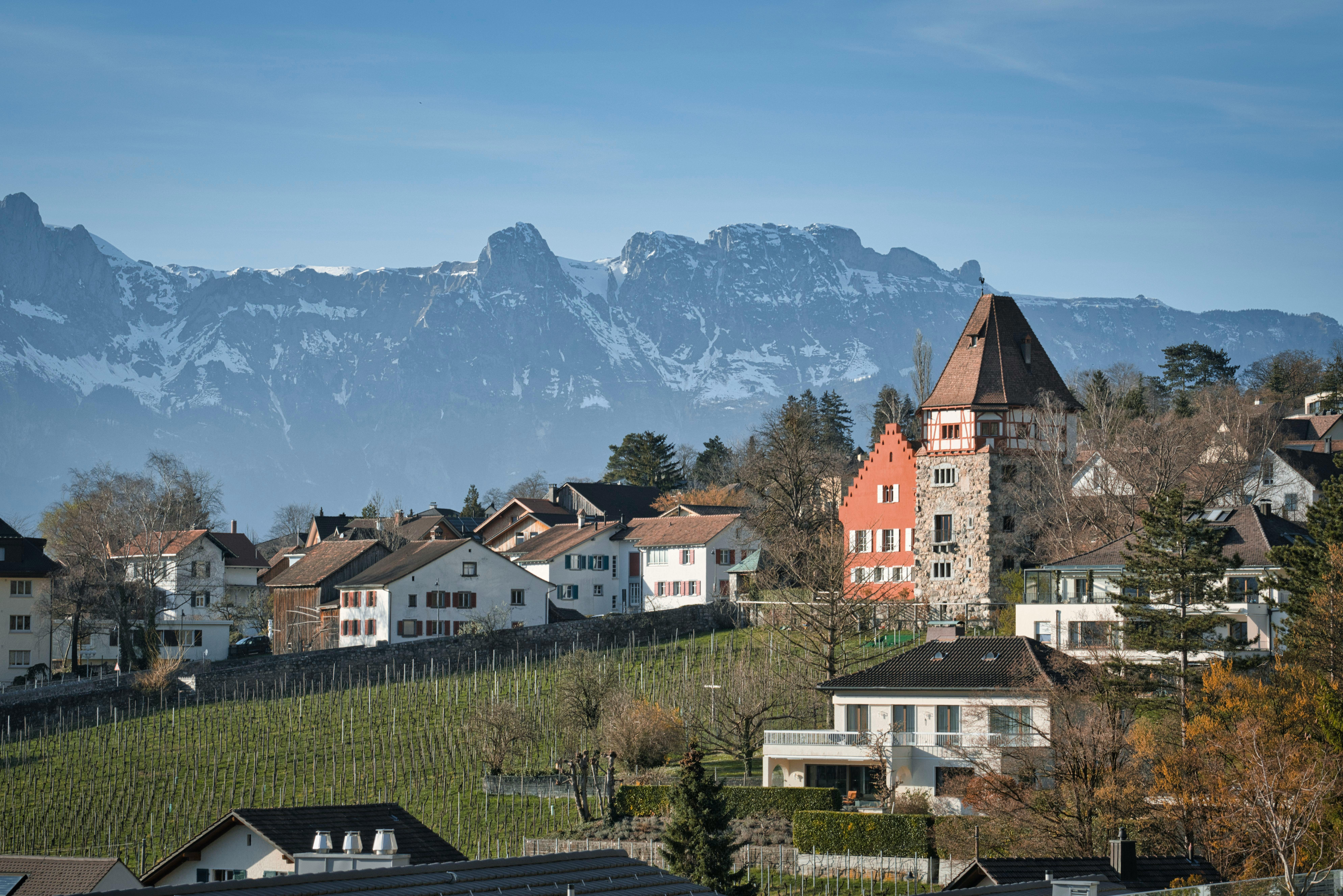 Rustic Swiss Village with Alpine Background · Free Stock Photo