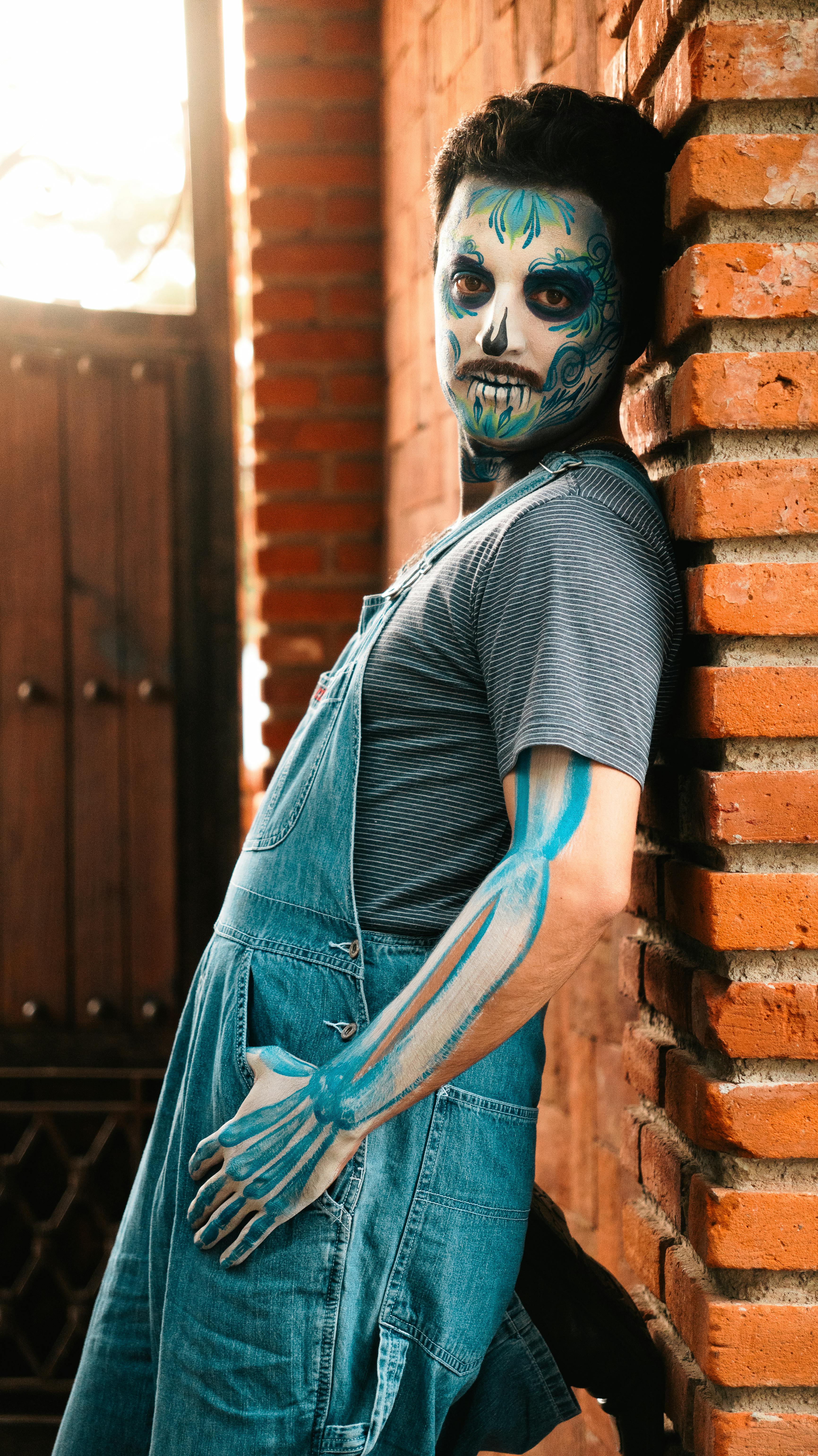 Man in Jean Overalls and with Sugar Skull · Free Stock Photo