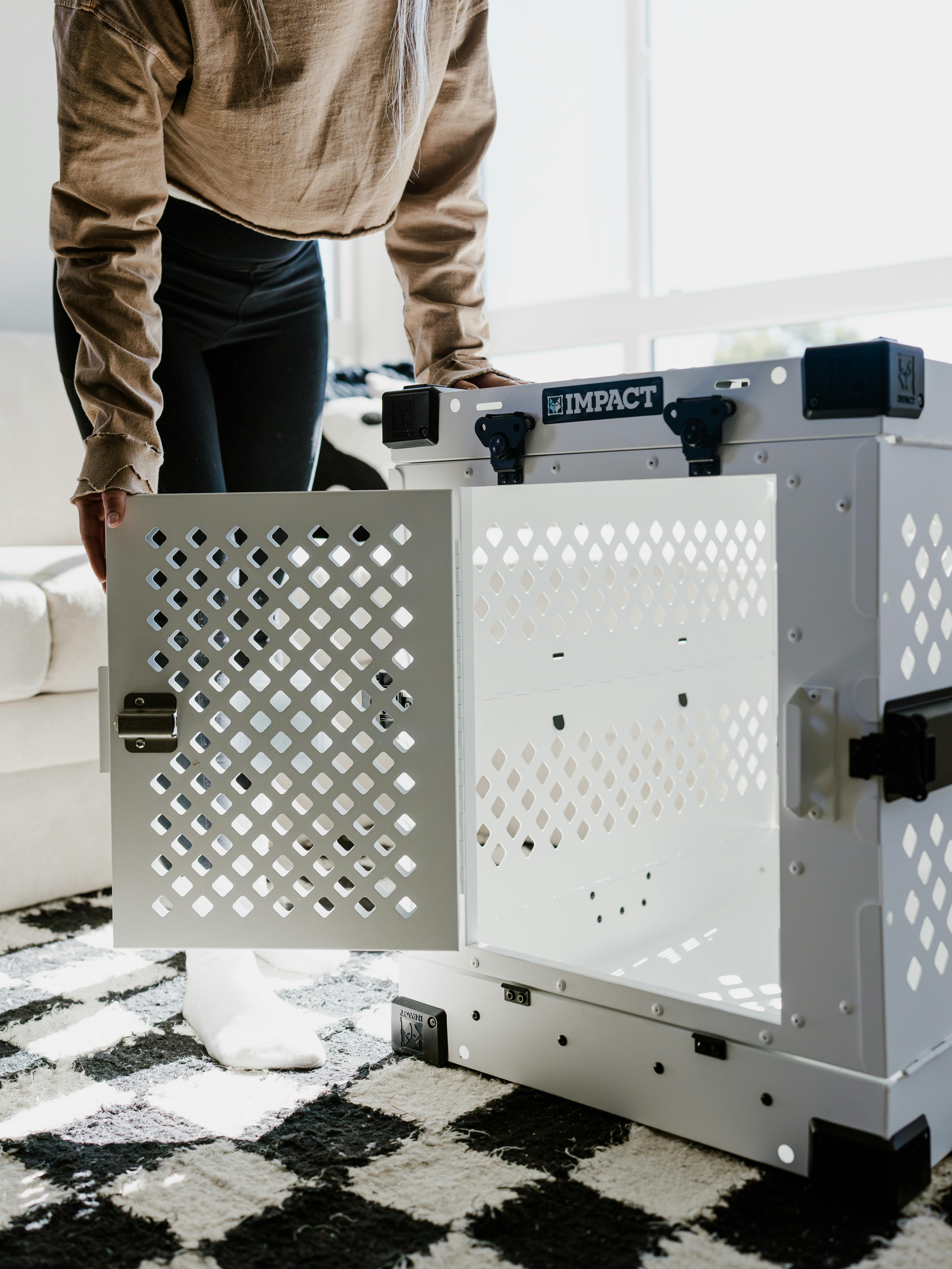 Impact Dog Crate White Collapsible with Blonde Hipster Female in Living ...