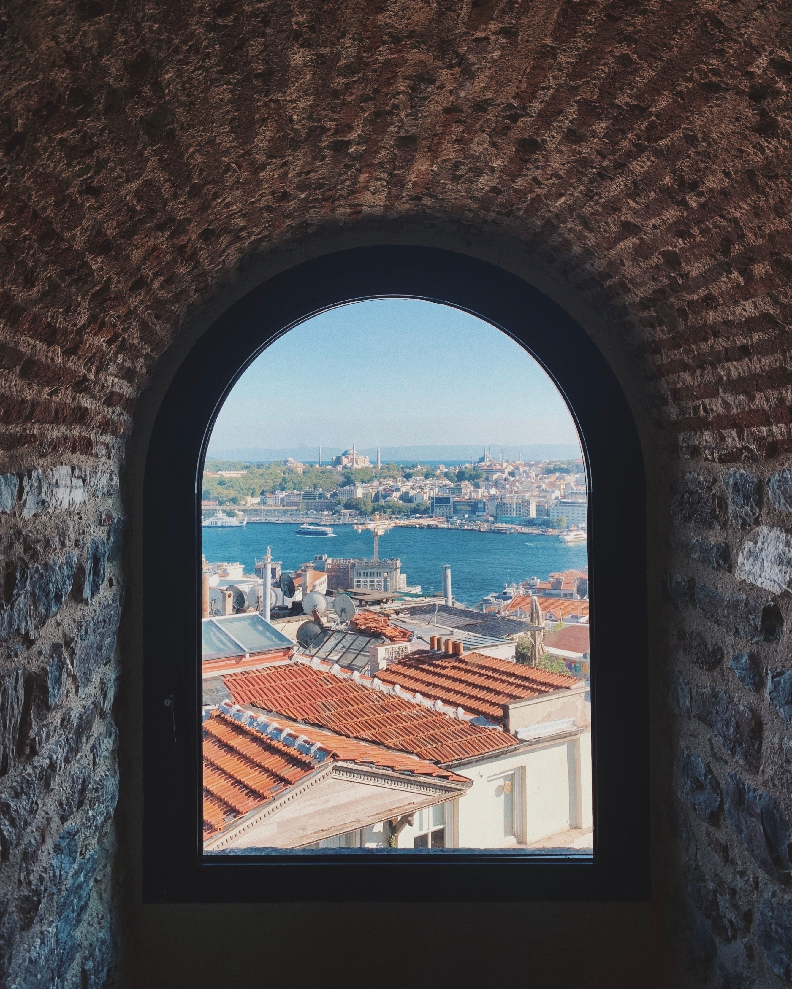 Istanbul city view from an old stone tower window with blue sky · Free ...