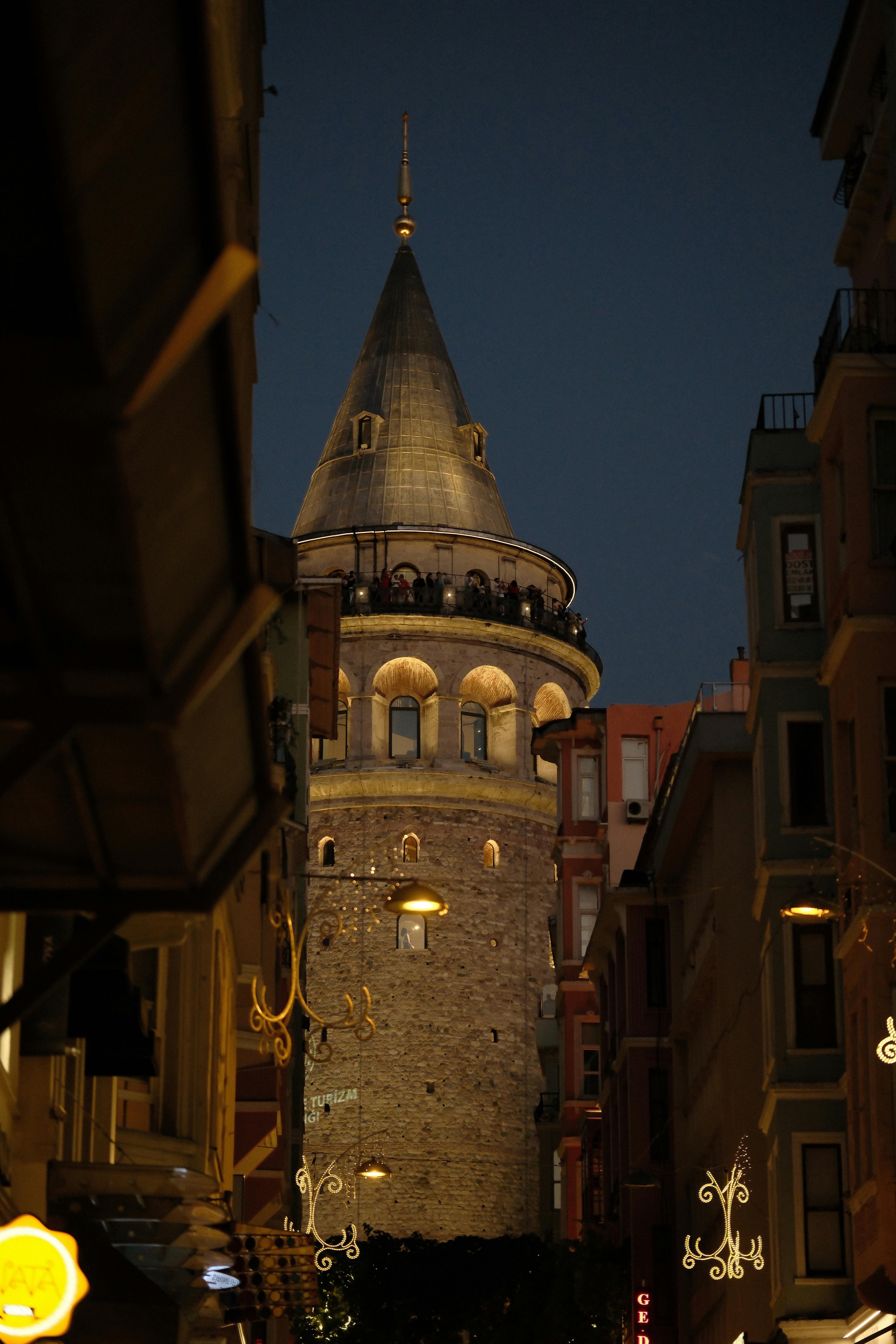 Iconic Galata Tower Illuminated at Night in Istanbul · Free Stock Photo