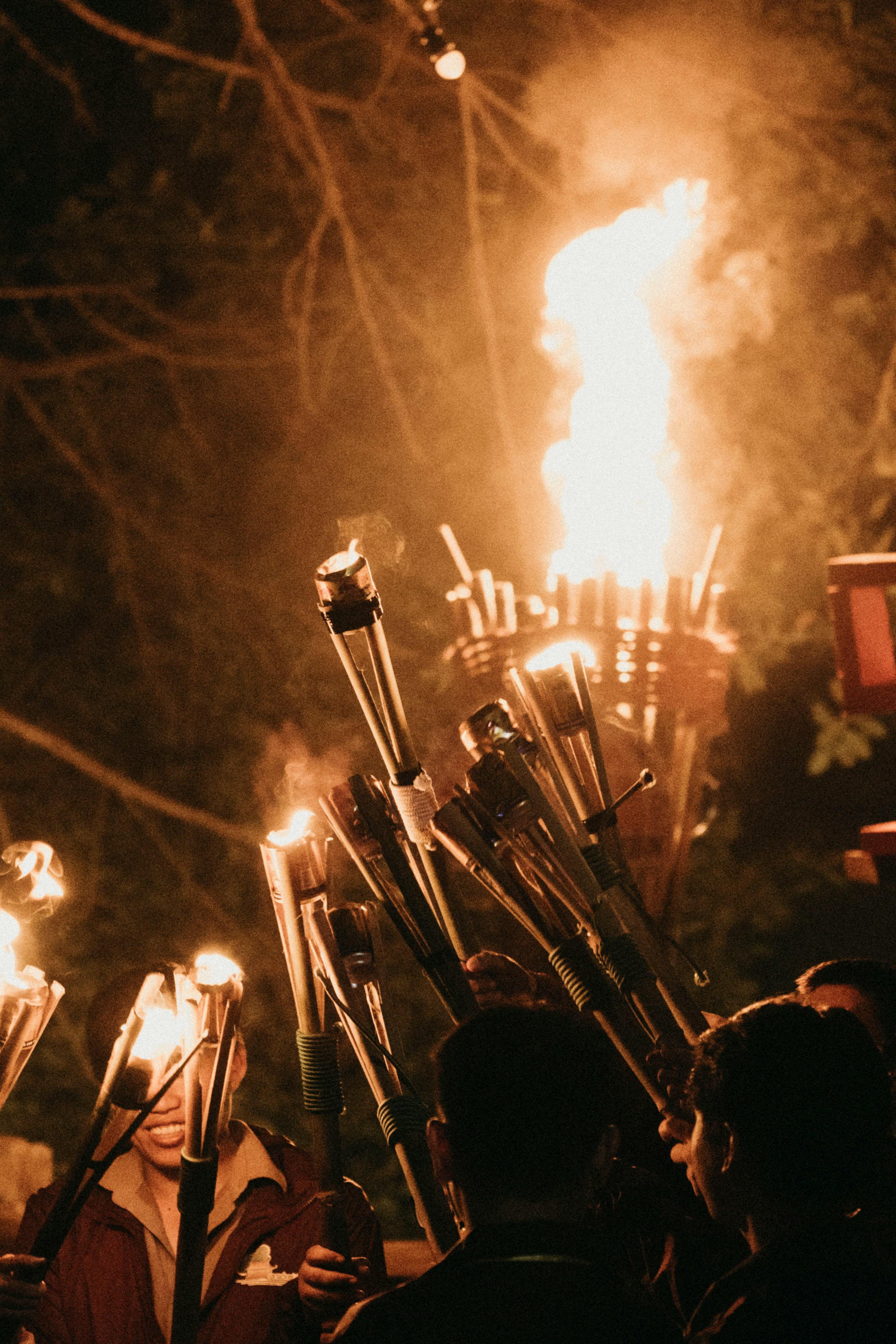 Nighttime Torch Gathering Under Trees · Free Stock Photo