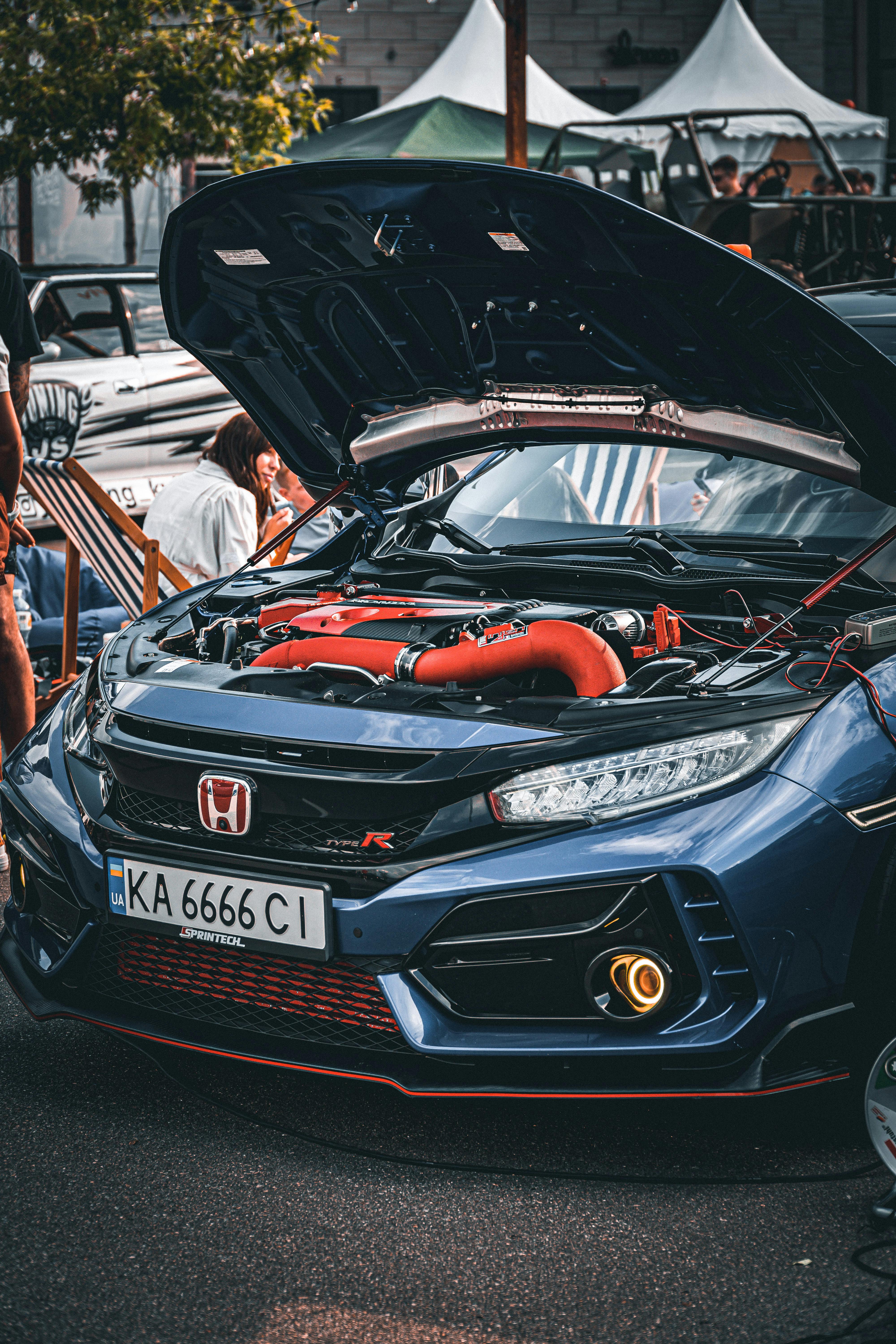 High-Performance Blue Honda Car with Open Hood · Free Stock Photo