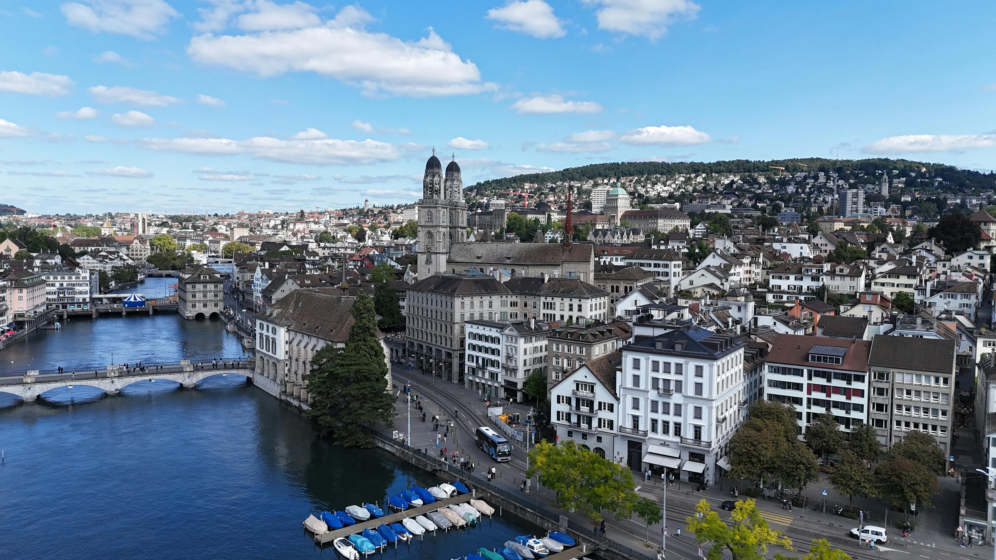 Aerial View of Zurich Cityscape with River and Historic Buildings ...