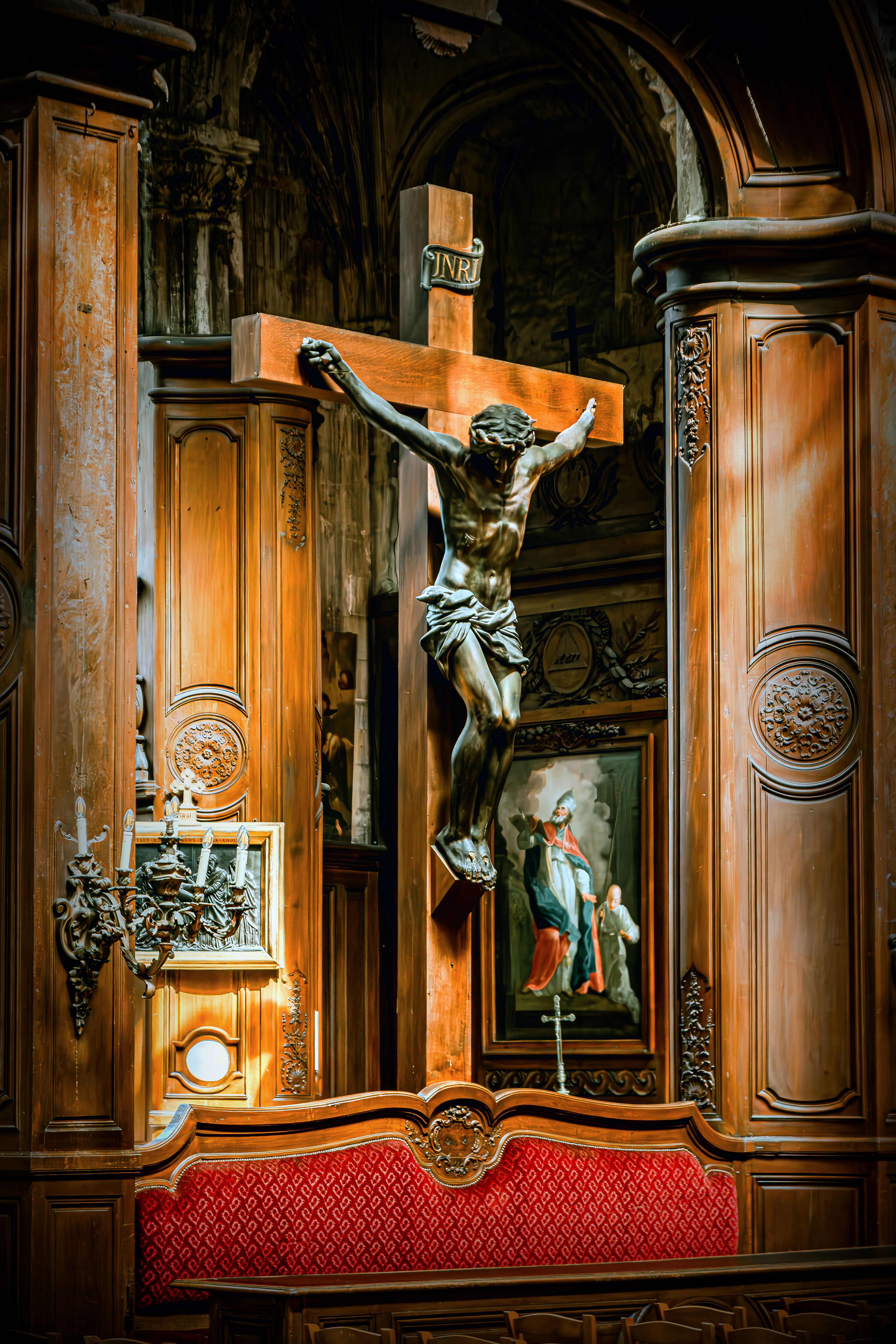 Historic Church Interior with Wooden Crucifix · Free Stock Photo