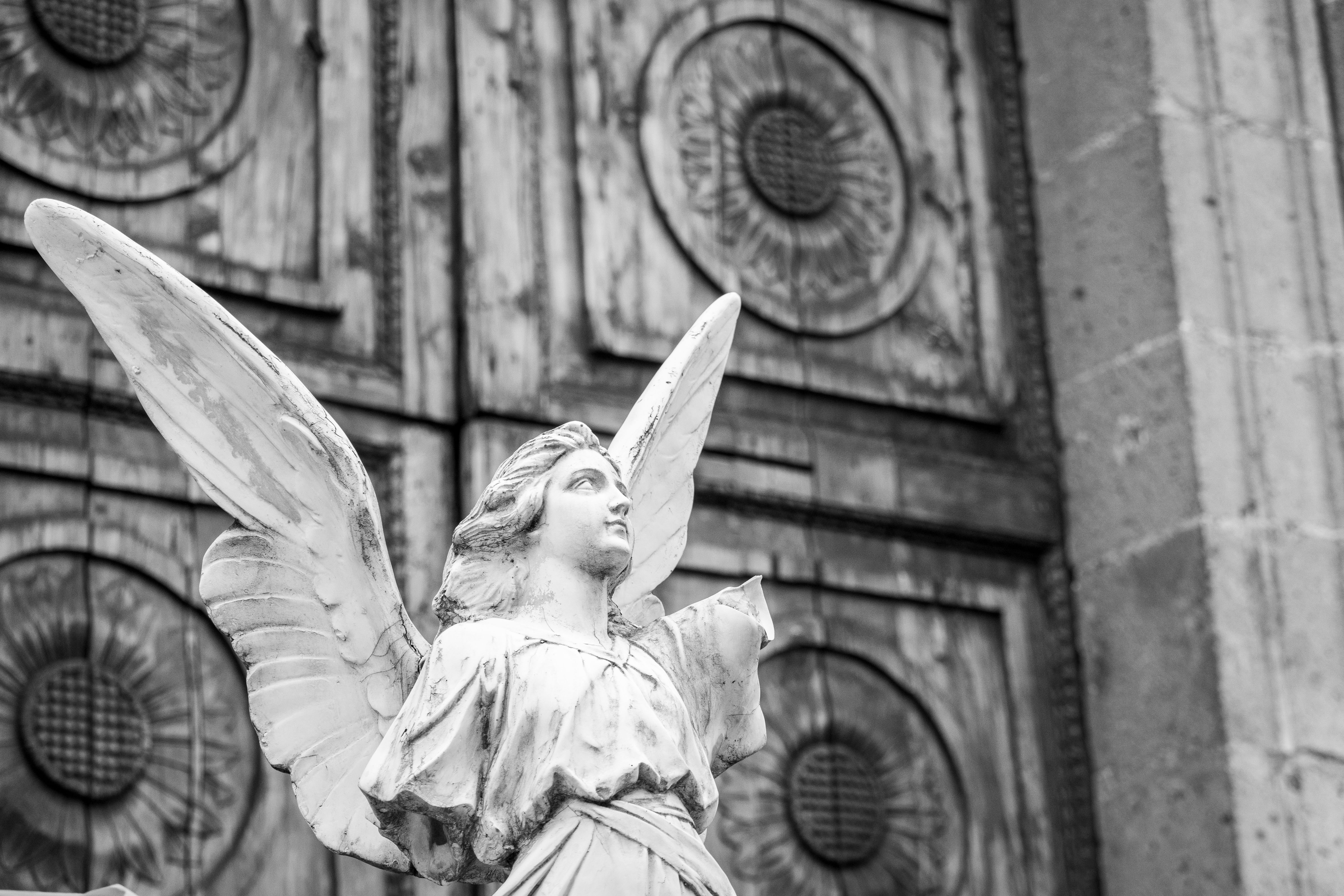 Elegant Stone Angel Statue in Front of Historic Doorway · Free Stock Photo