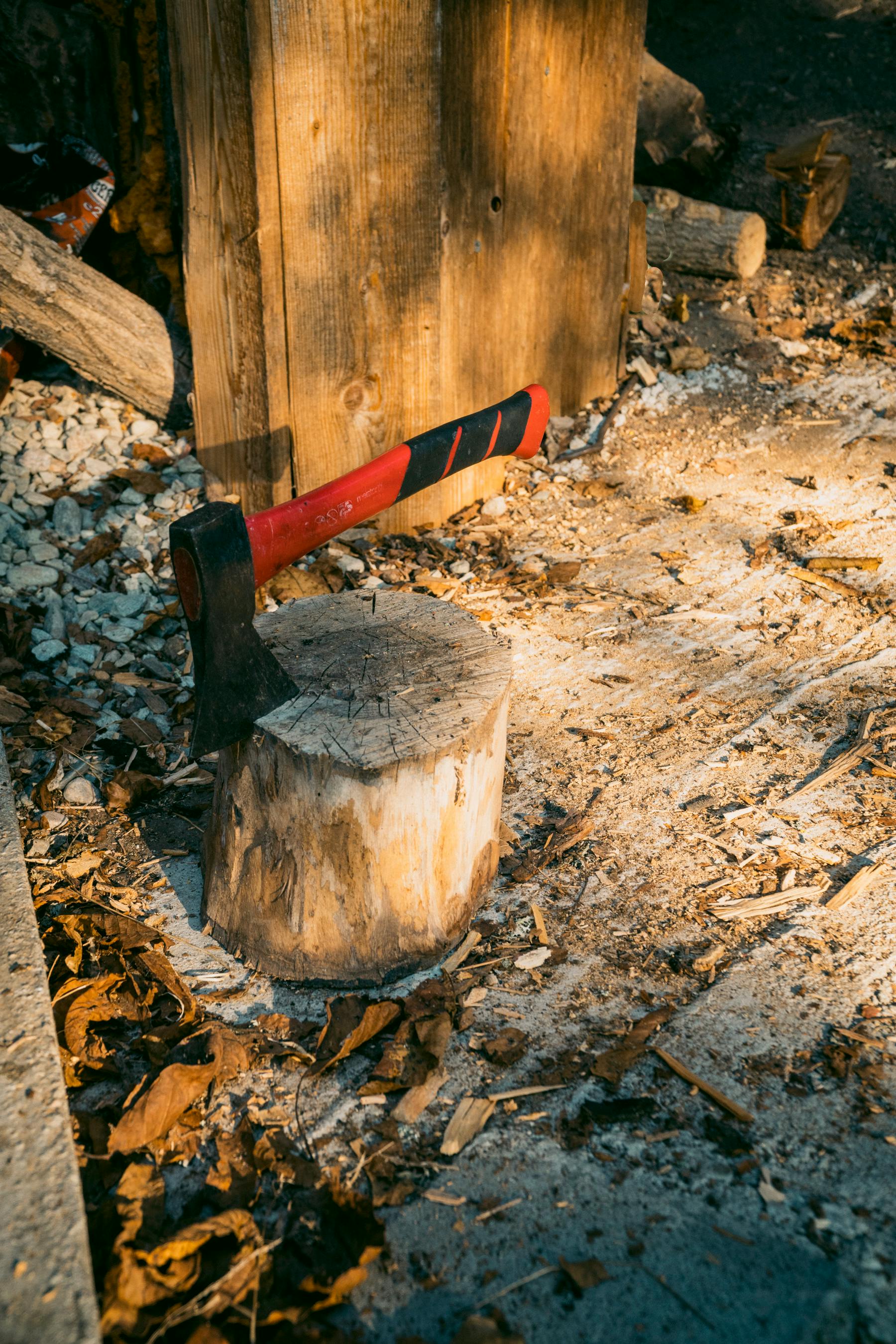 Axe Embedded in a Wooden Stump Outdoors · Free Stock Photo