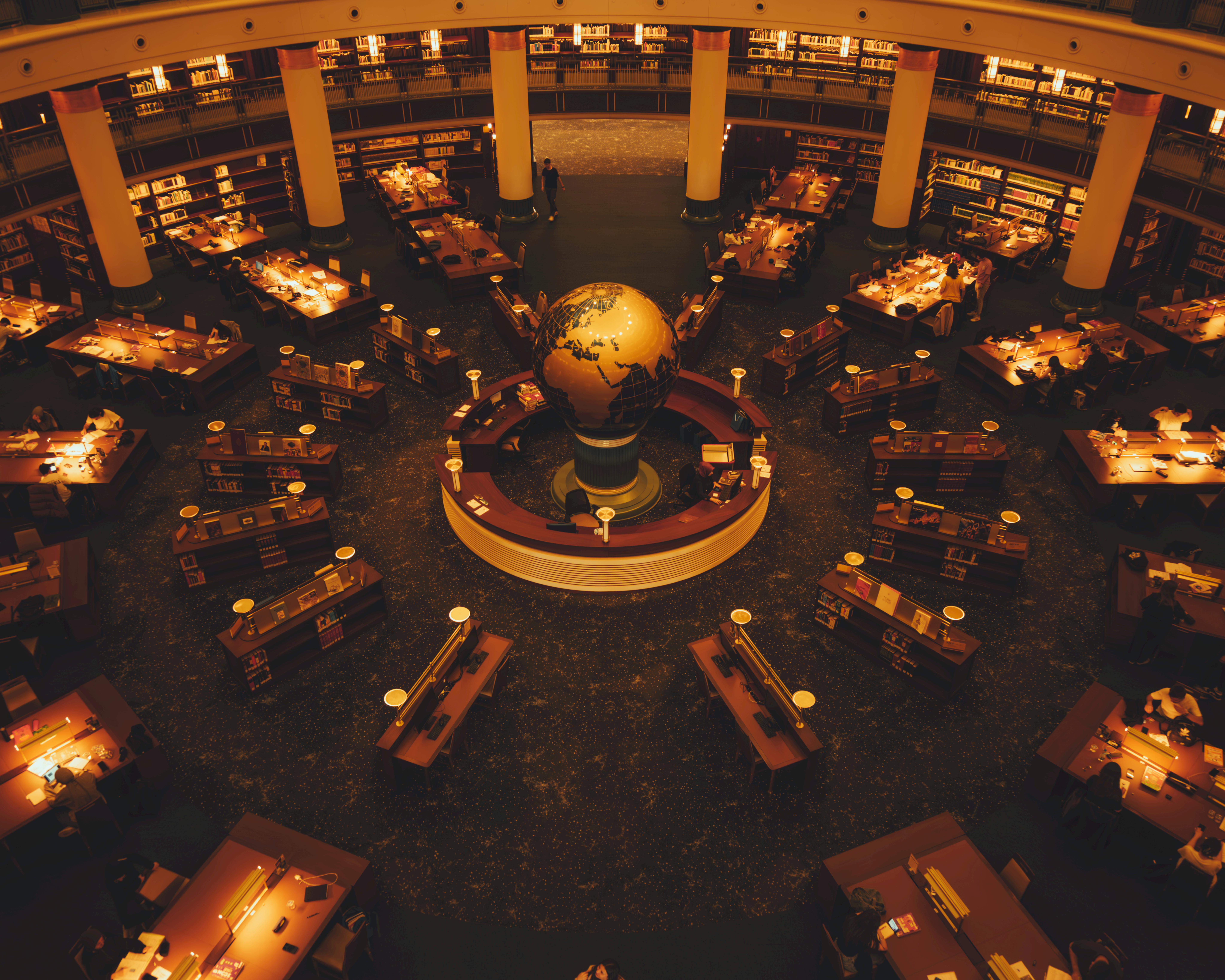 Aerial View of Globe in Library Reading Room · Free Stock Photo