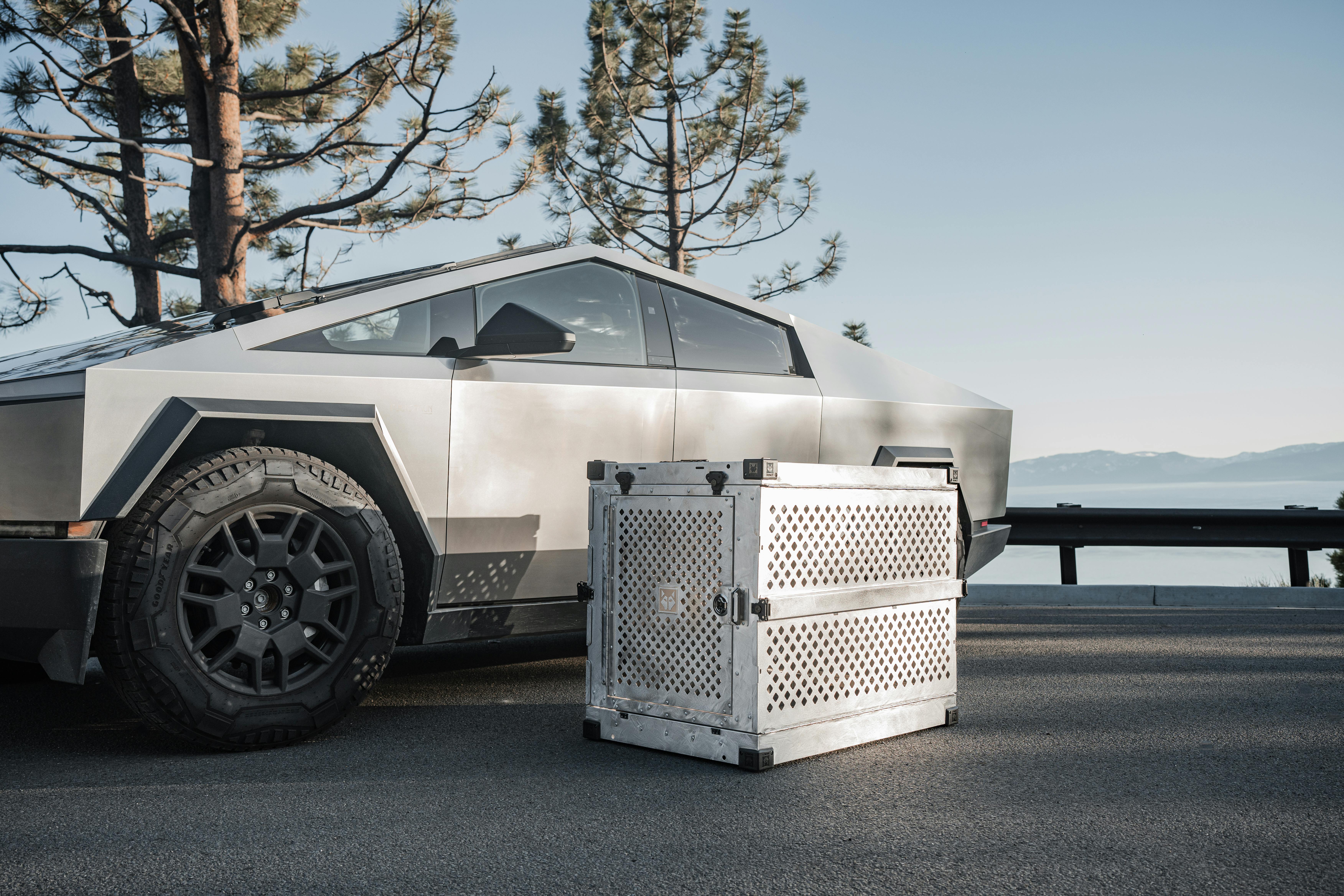 Cybertruck with Durable Dog Crate by Lake · Free Stock Photo