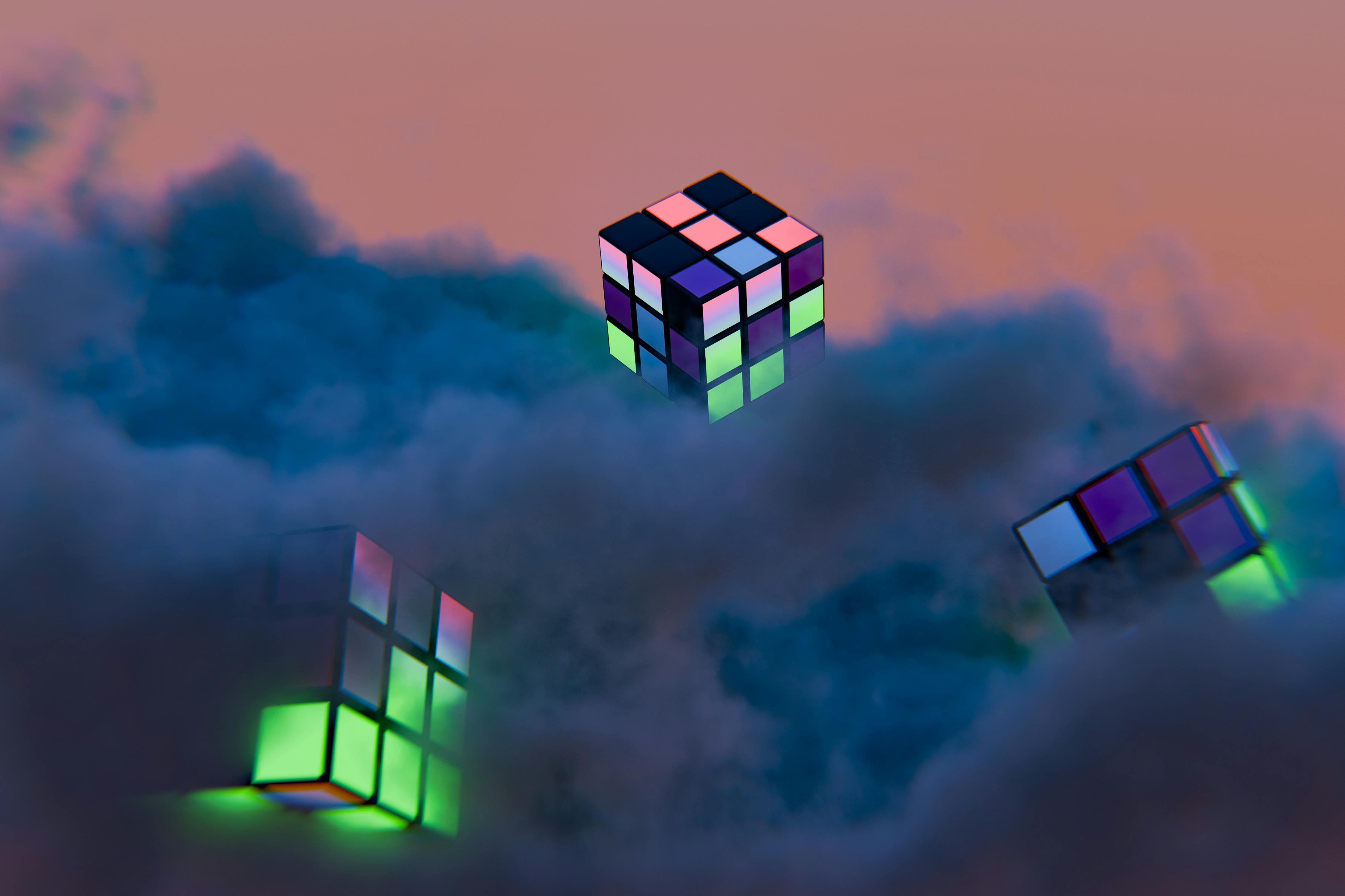 Floating Rubik's Cubes in Mysterious Clouds · Free Stock Photo