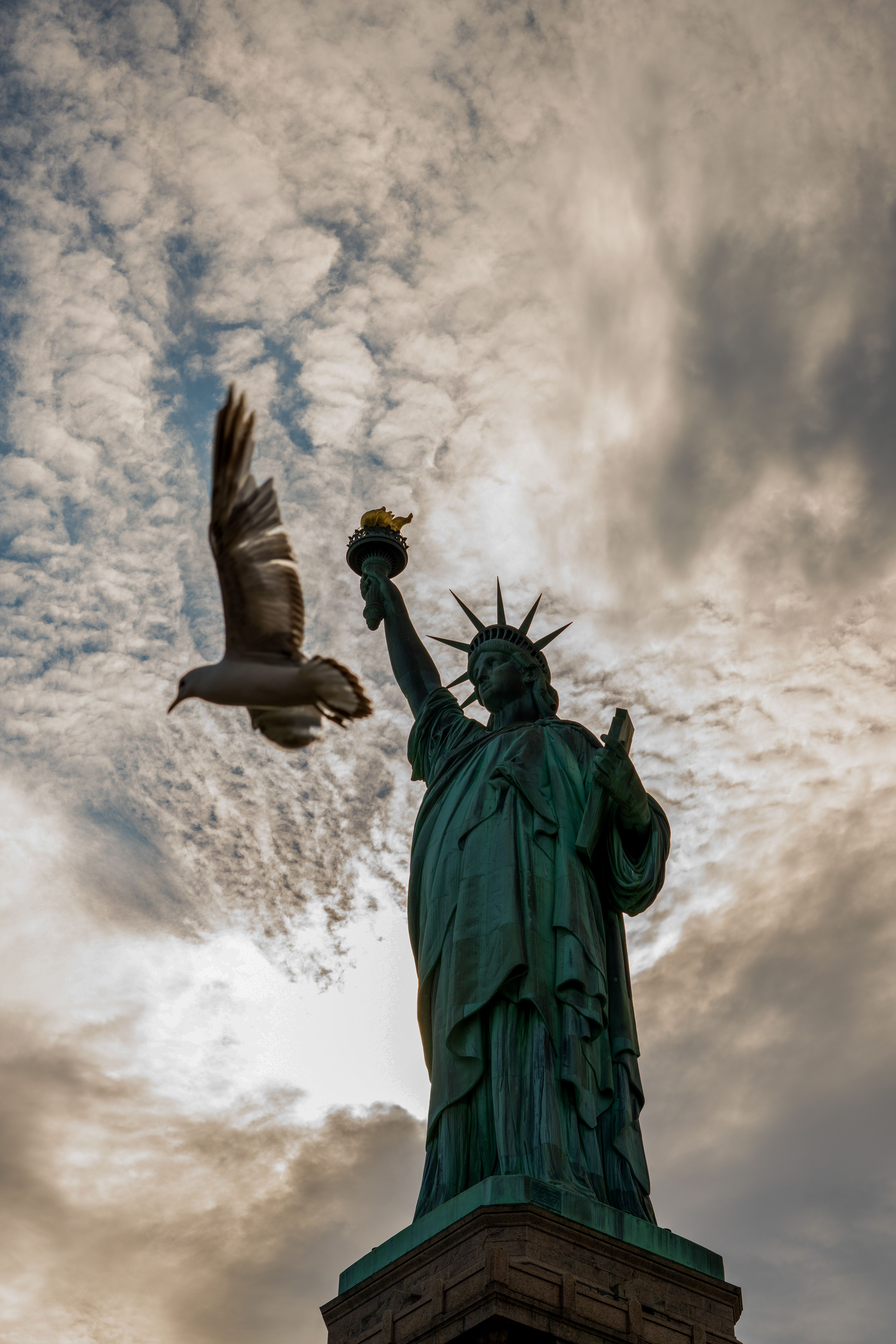 Statue of Liberty with Bird Silhouette at Dusk · Free Stock Photo