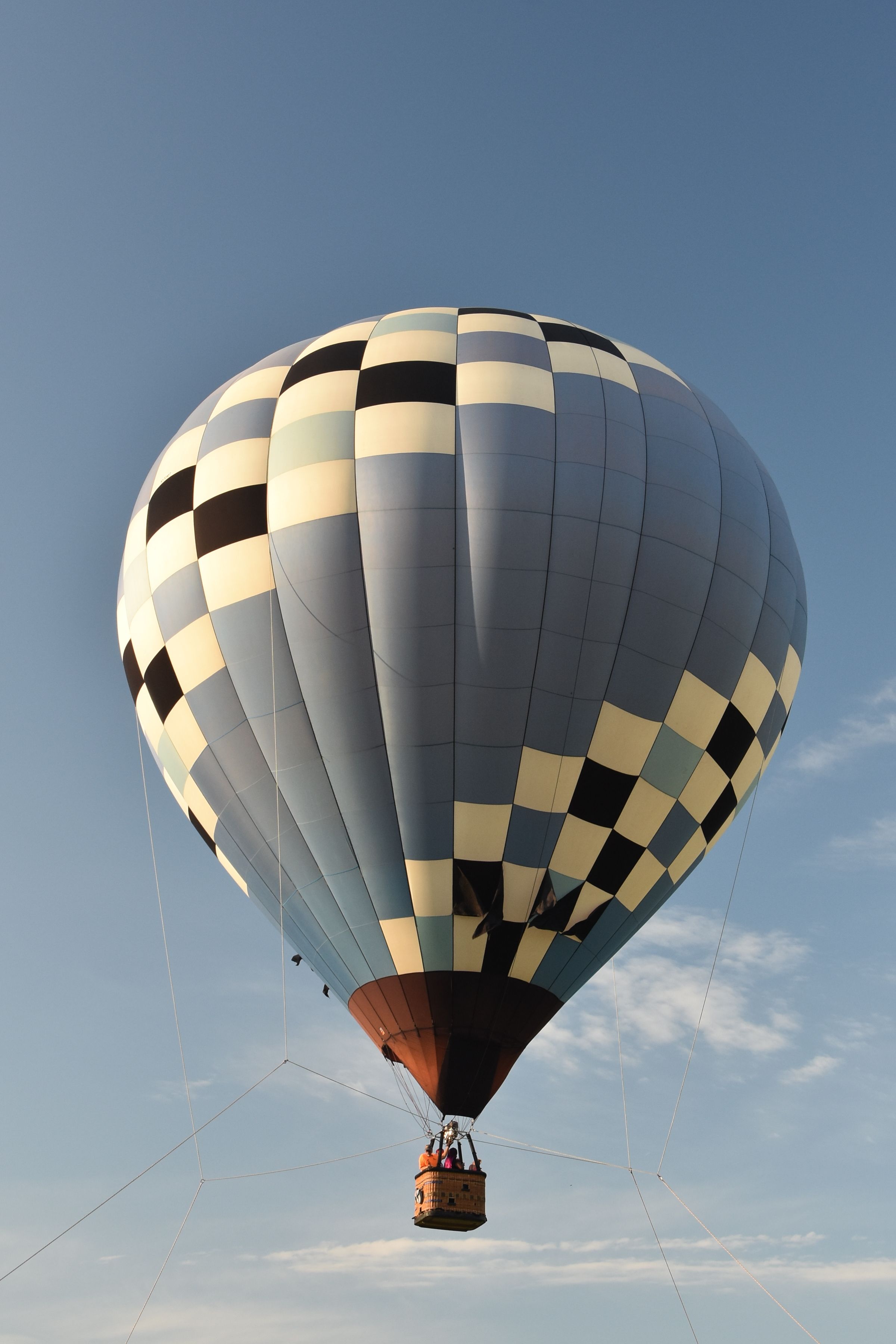Skyward Journey: Checkered Hot Air Balloon in Flight · Free Stock Photo