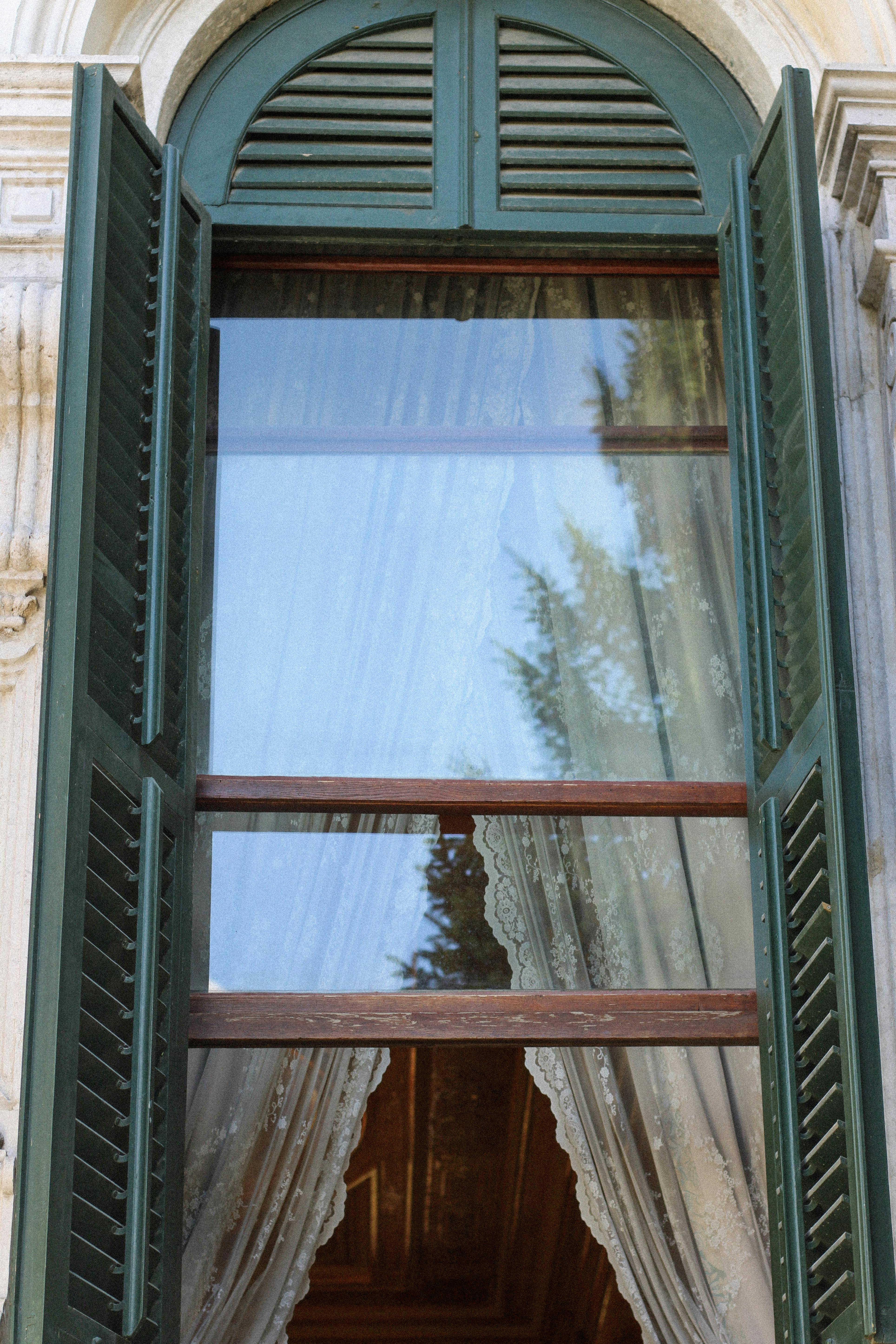 Elegant Vintage Open Window with Lace Curtains · Free Stock Photo