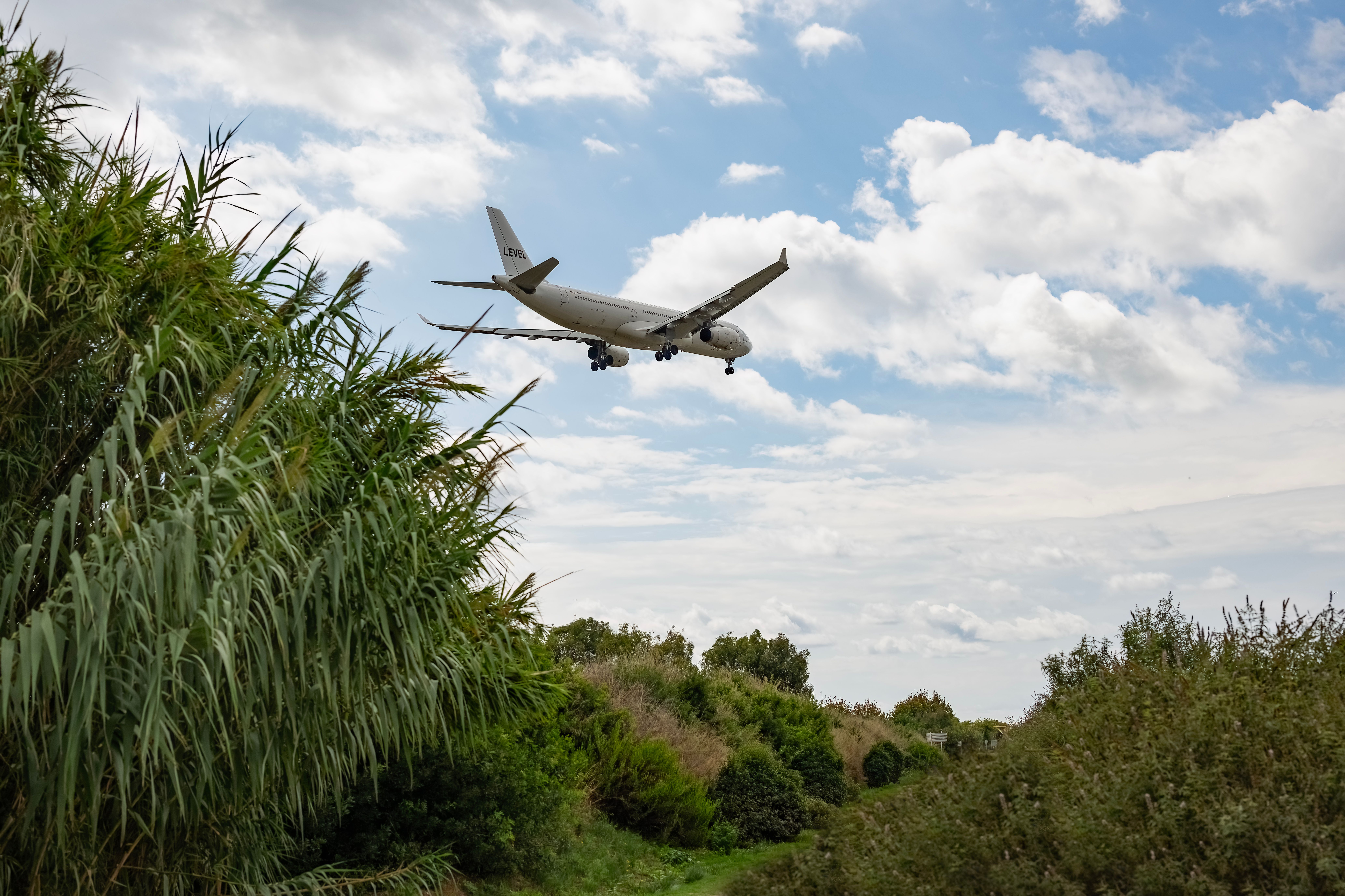 Airplane Flying Over Lush Greenery in Barcelona · Free Stock Photo