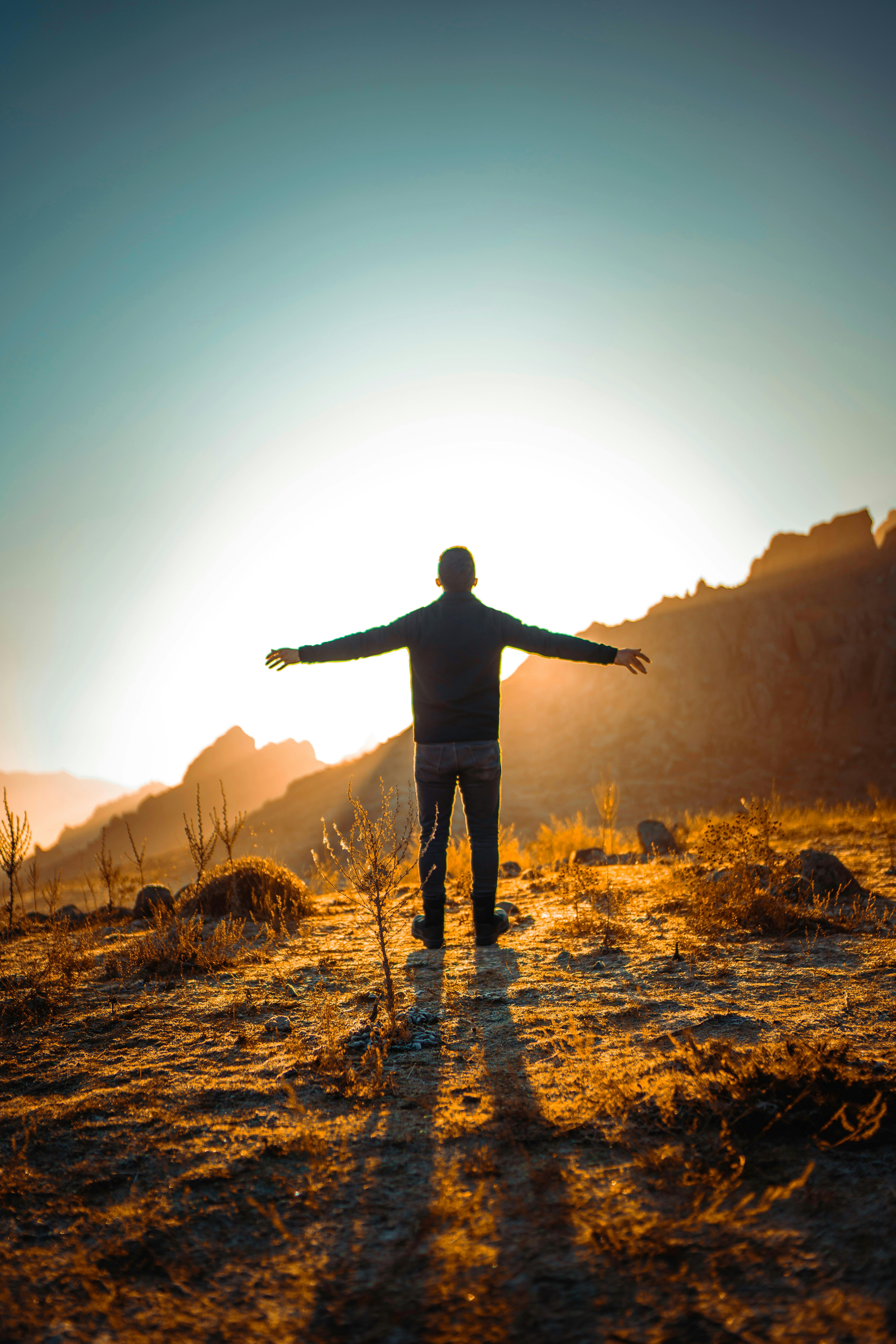 Person in Open Landscape at Sunrise with Outstretched Arms · Free Stock ...