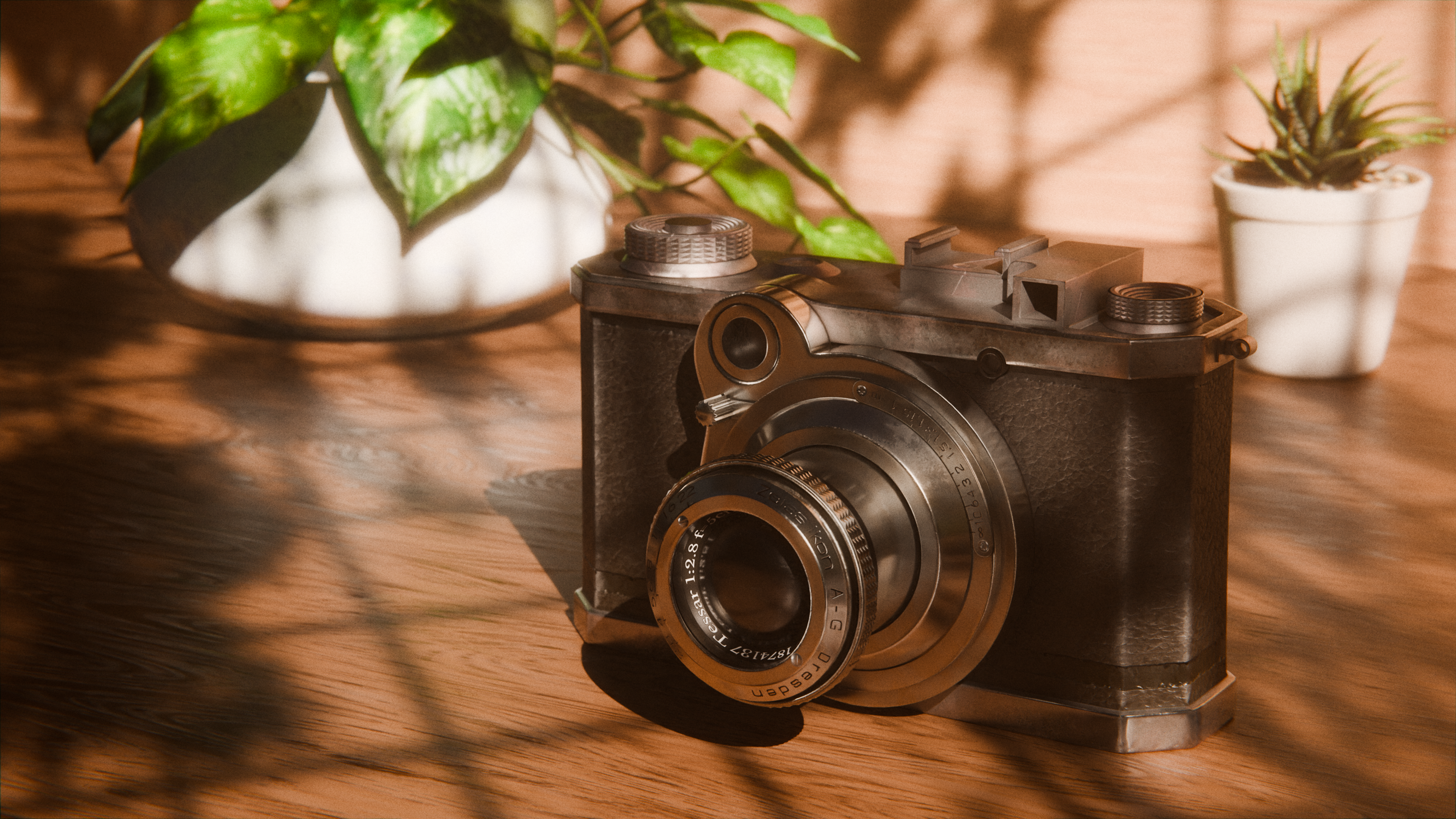 Vintage Camera on Wooden Table with Plants · Free Stock Photo