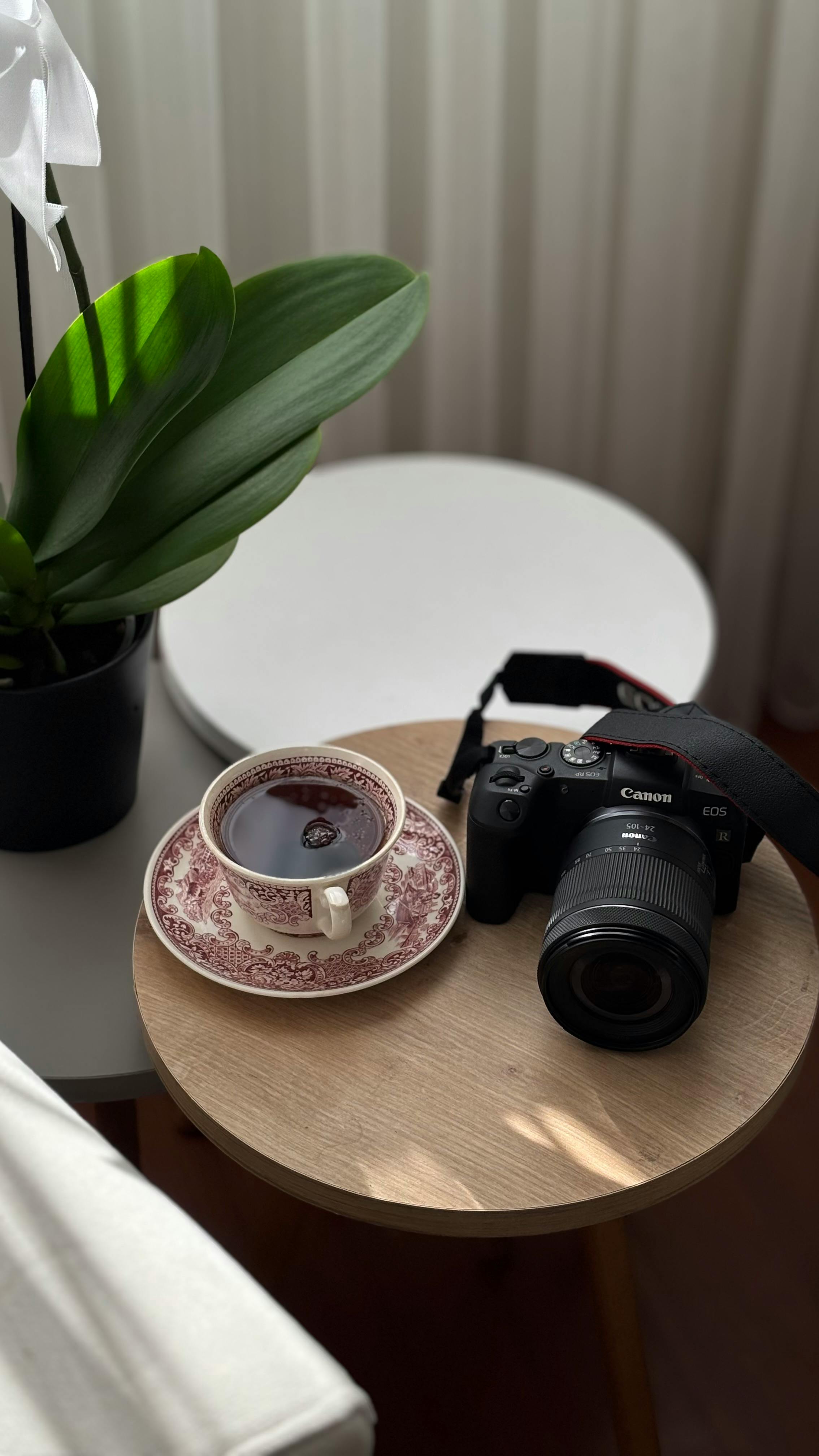 Elegant Coffee and Camera on Wooden Table · Free Stock Photo