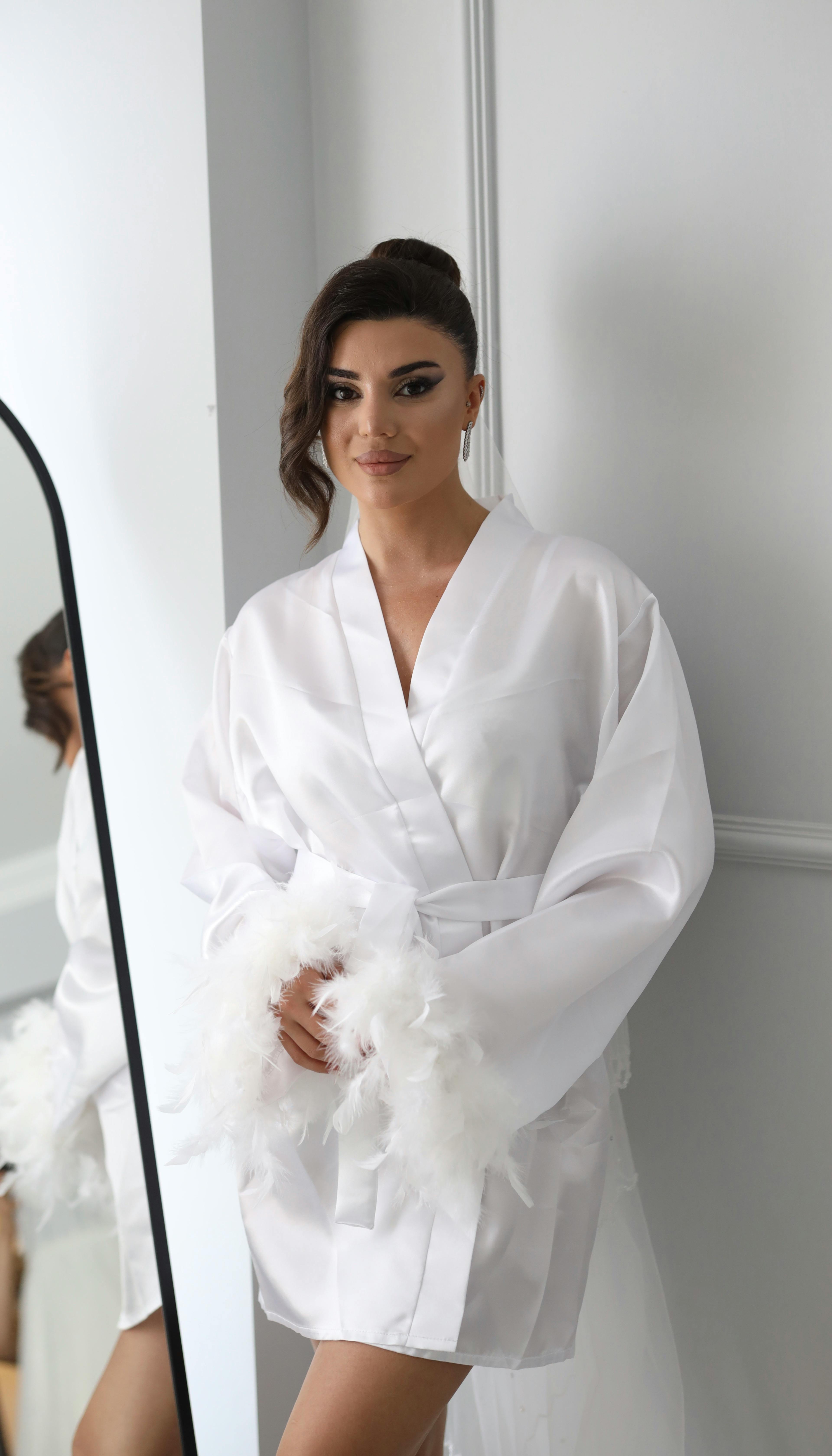 Elegant Woman in White Silk Robe by Mirror · Free Stock Photo