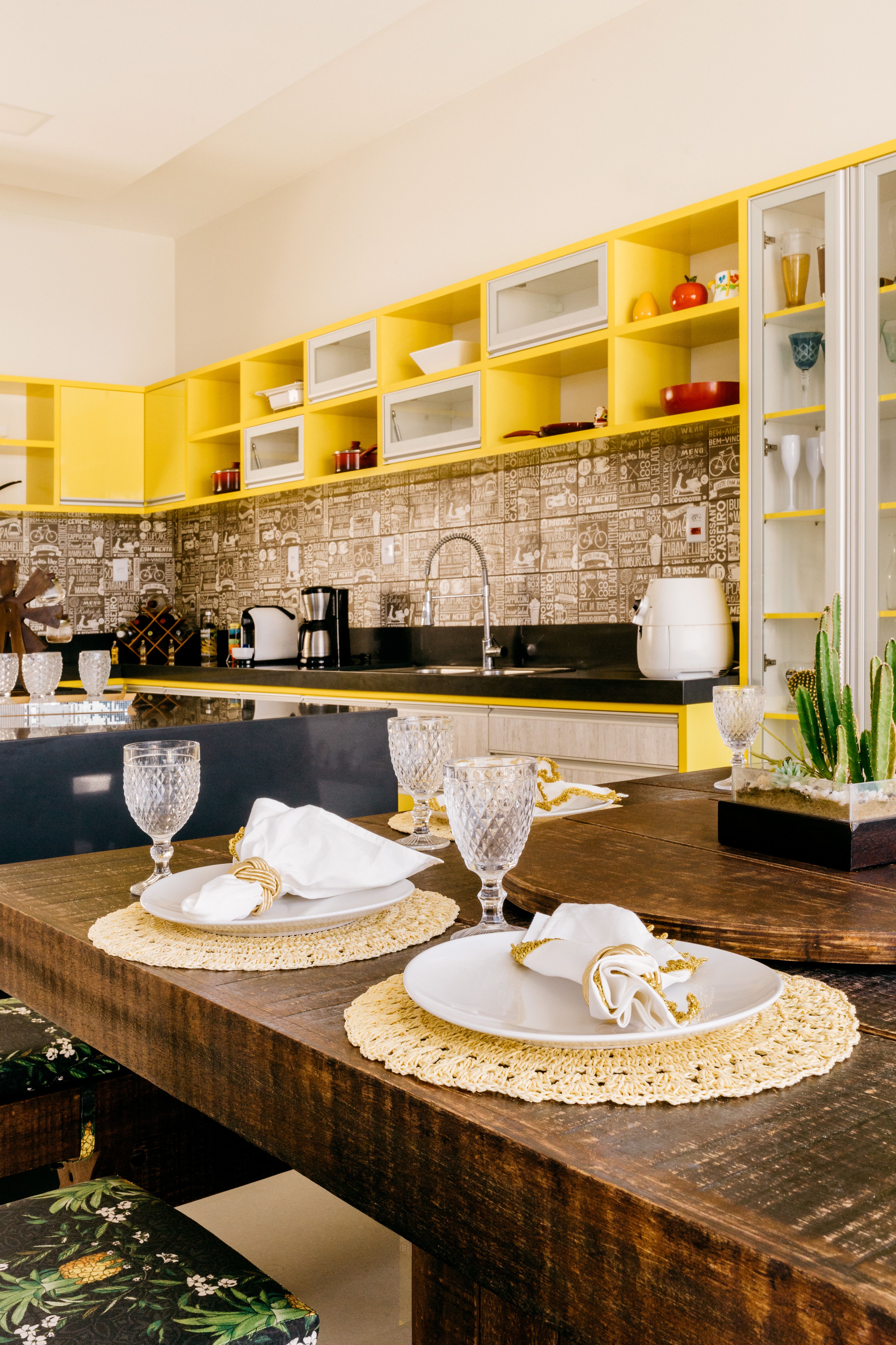 Bright Modern Kitchen with Yellow Shelving · Free Stock Photo