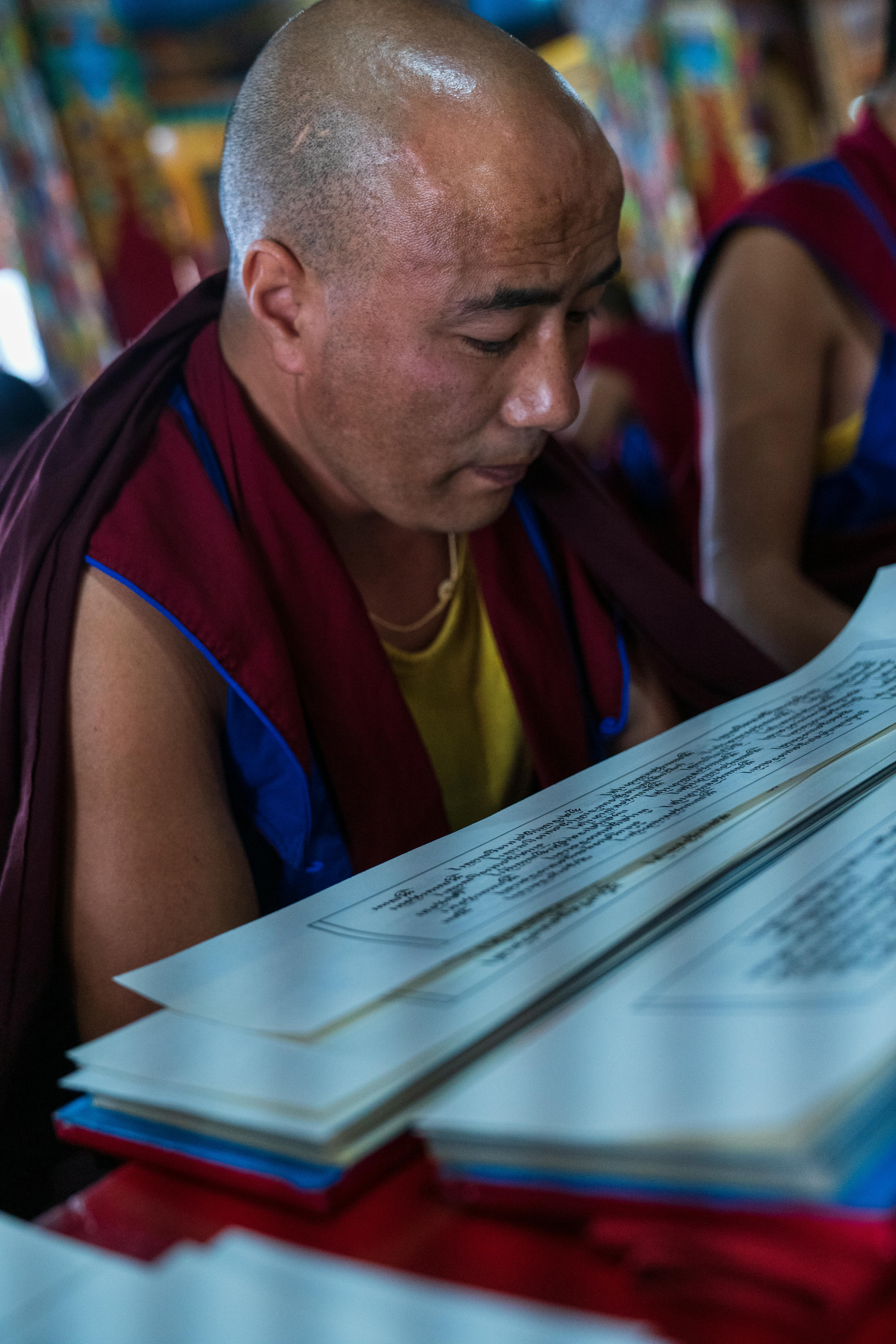 Tibetan Monk Reading Sacred Script in Monastery · Free Stock Photo