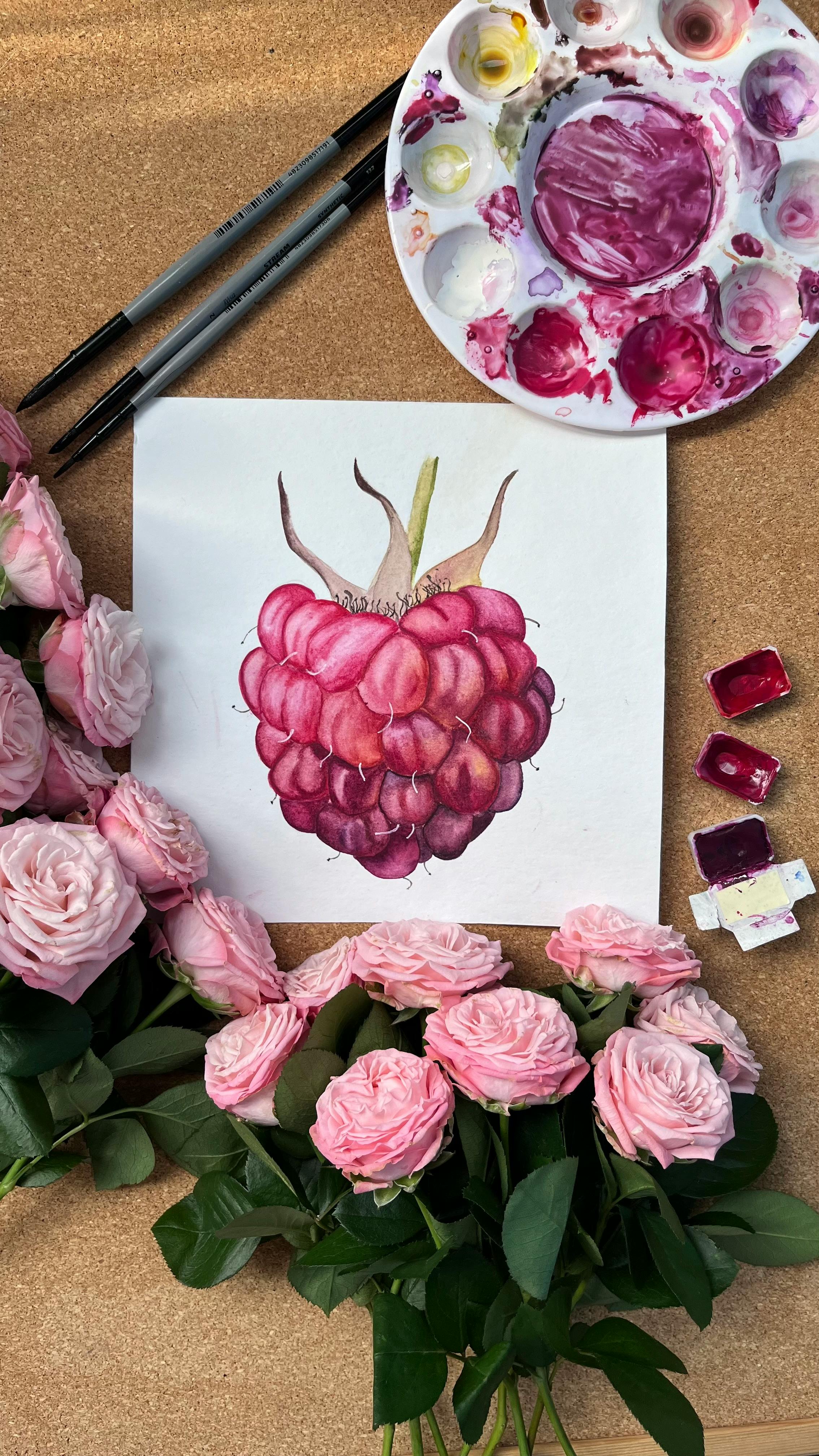 Artistic Raspberry Painting with Pink Roses · Free Stock Photo