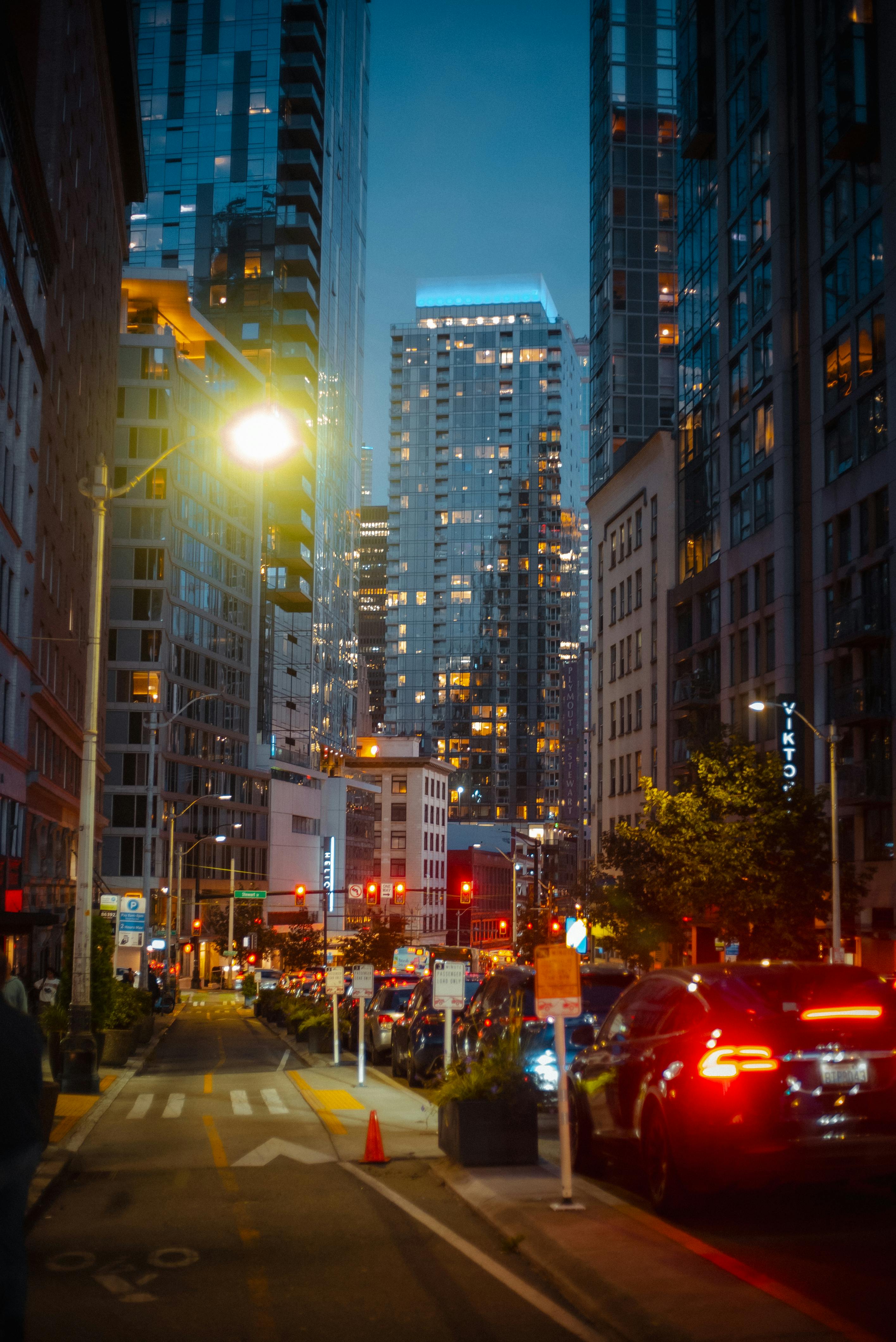 Nighttime Cityscape of Downtown Seattle Streets · Free Stock Photo