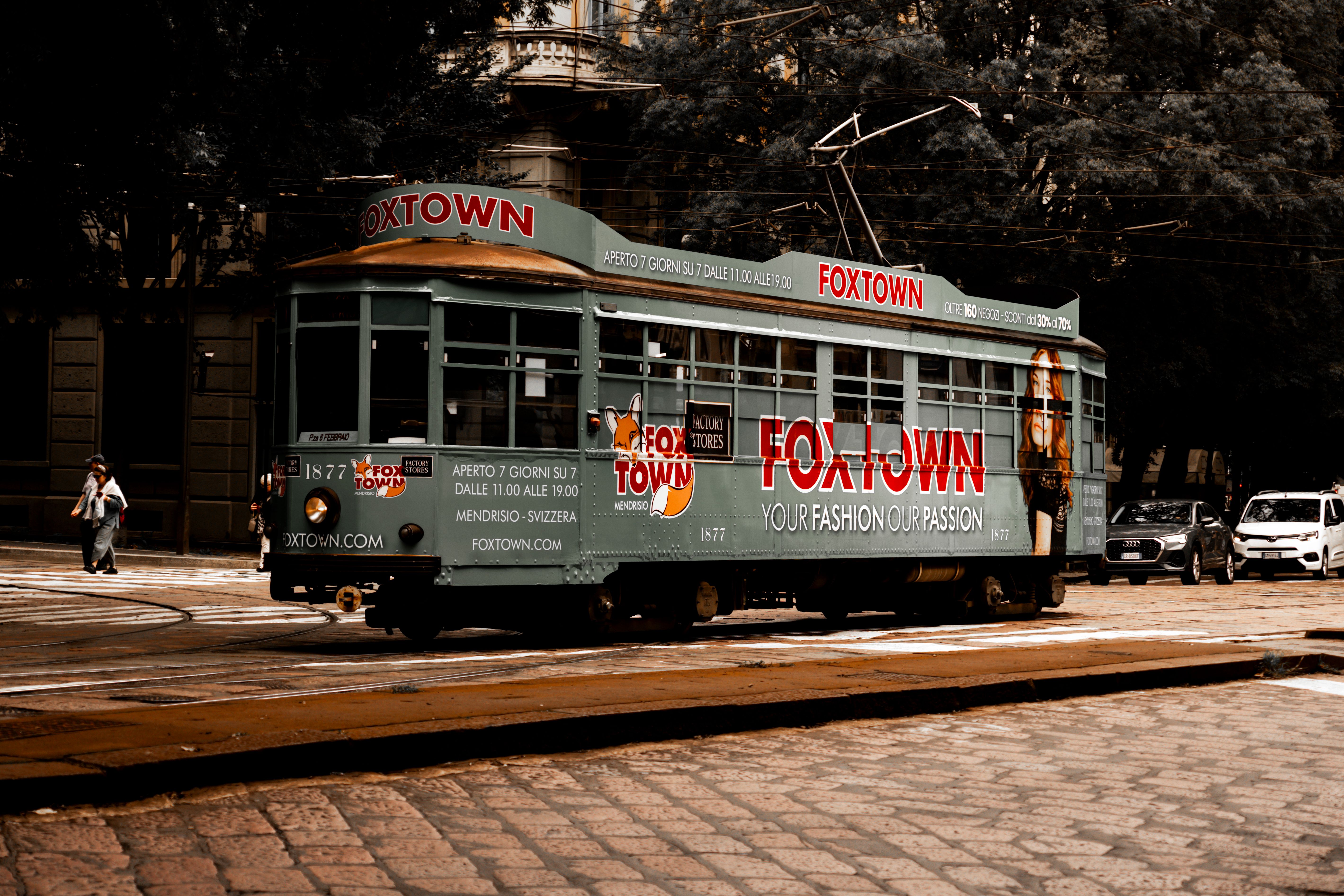 Vintage Tram Advertising Foxtown in Milan · Free Stock Photo