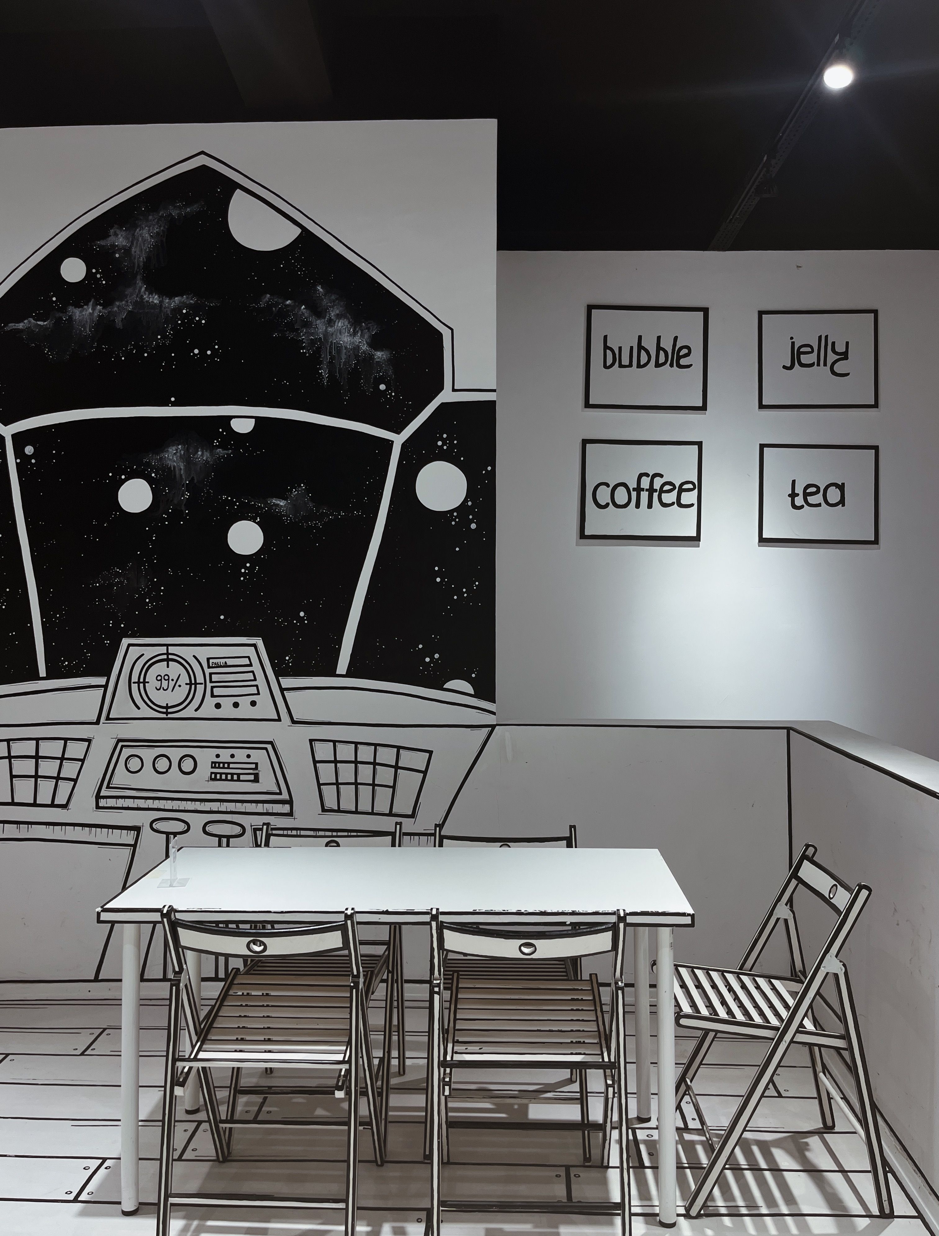 Interior De Cafetería Moderna Con Arte Mural Con Temática Espacial ...