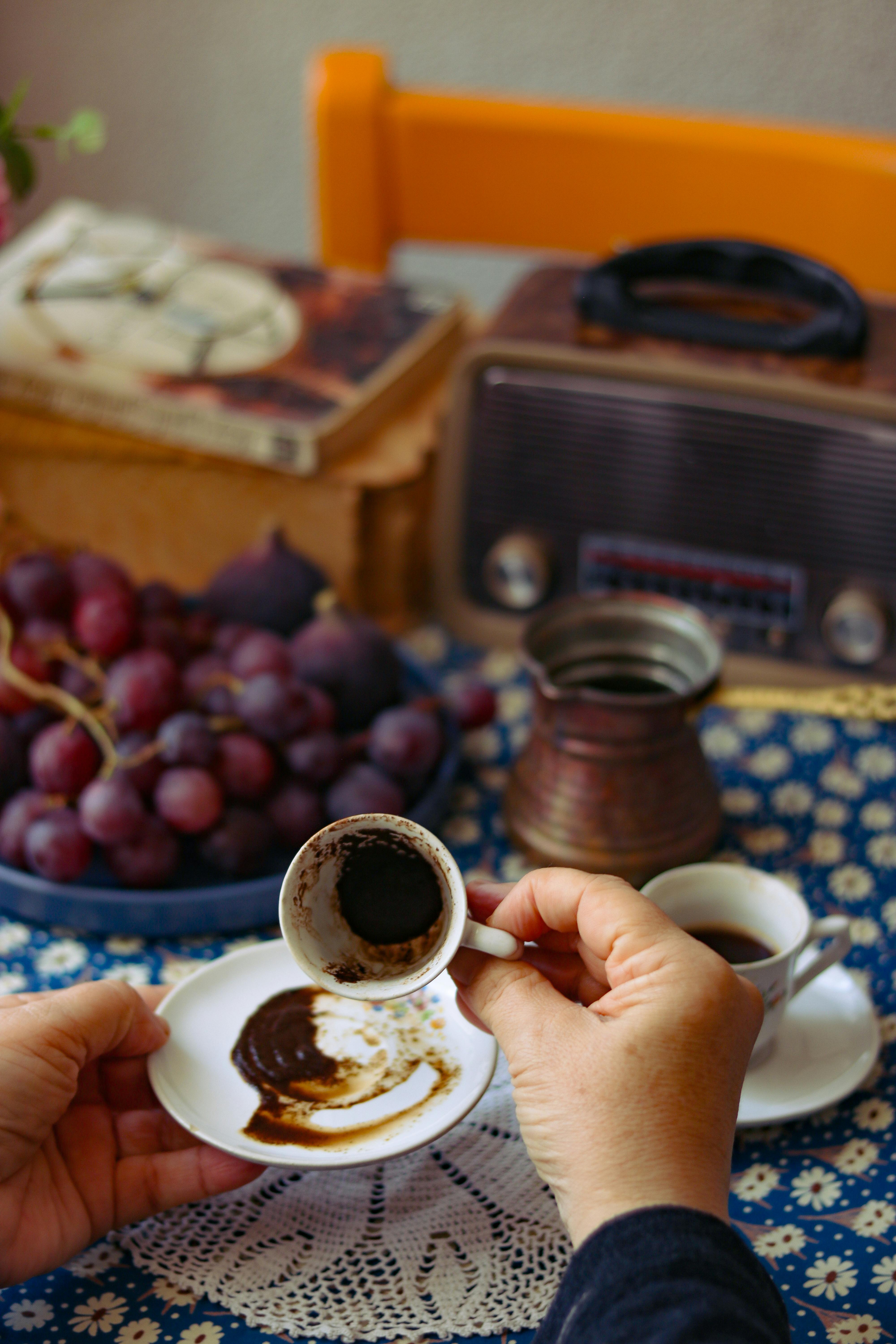 Vintage Tea Time Setup with Grapes and Radio · Free Stock Photo