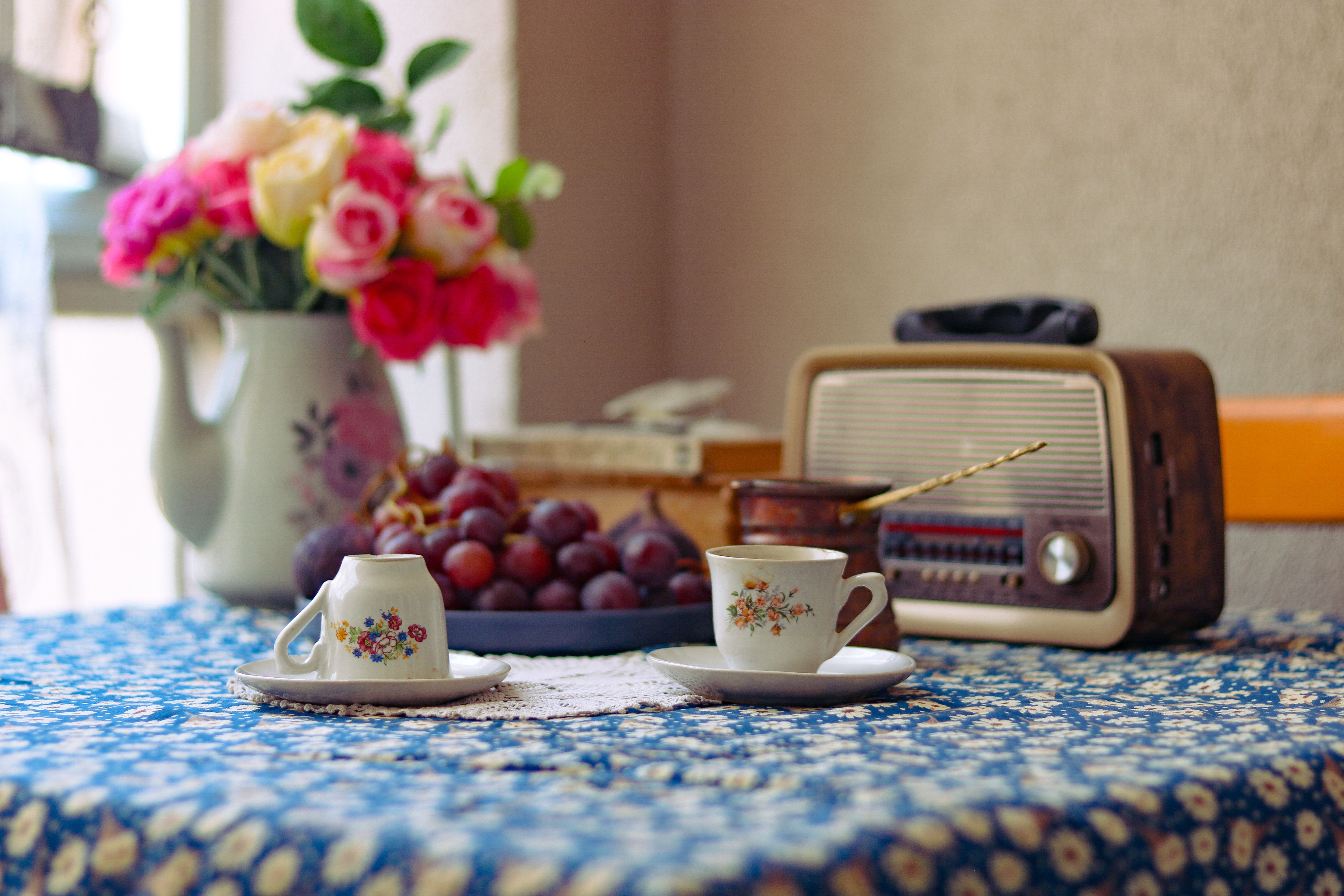 Vintage Radio and Tea Set in Outdoor Picnic Scene · Free Stock Photo