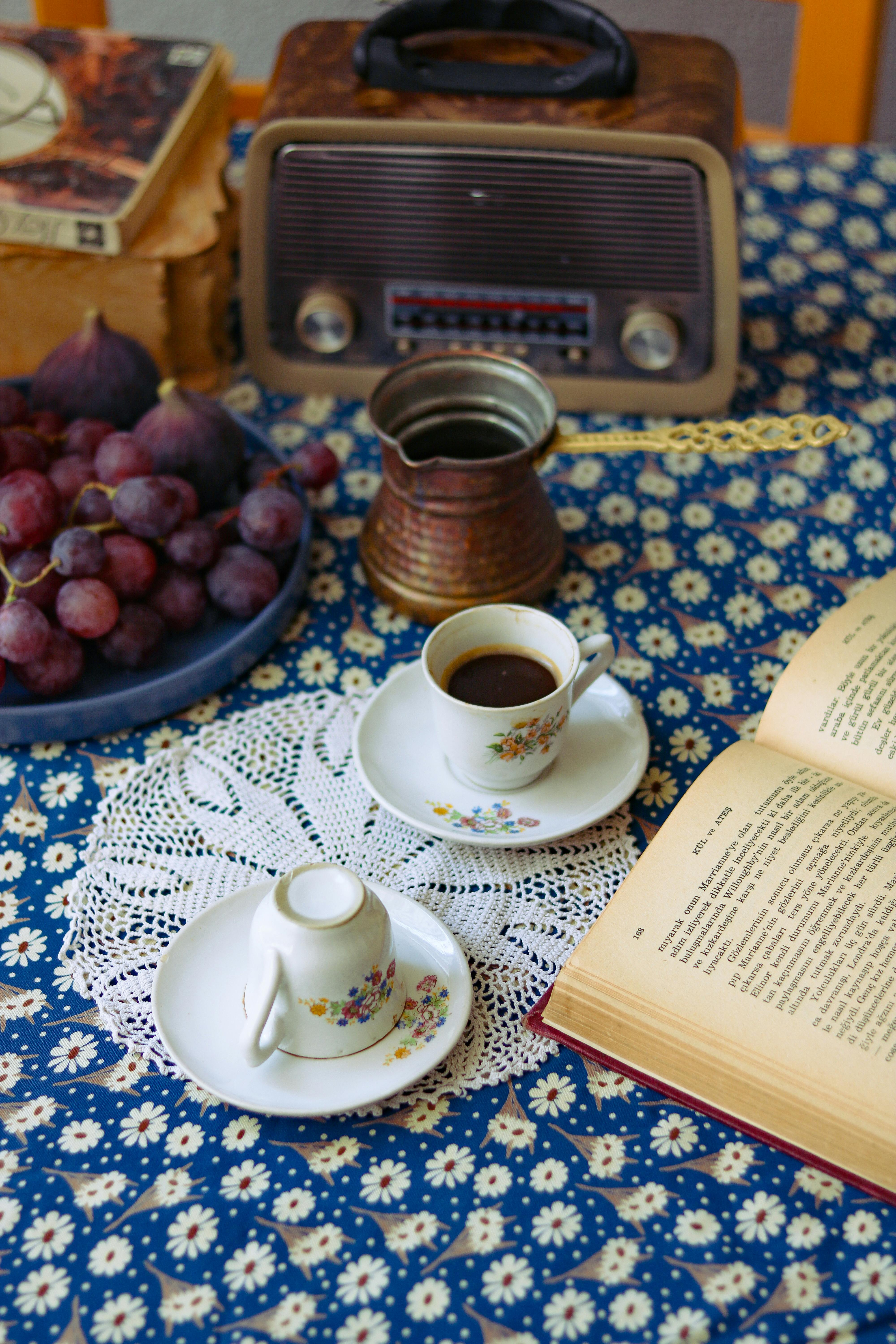 Vintage Morning Coffee with Vintage Radio and Book · Free Stock Photo