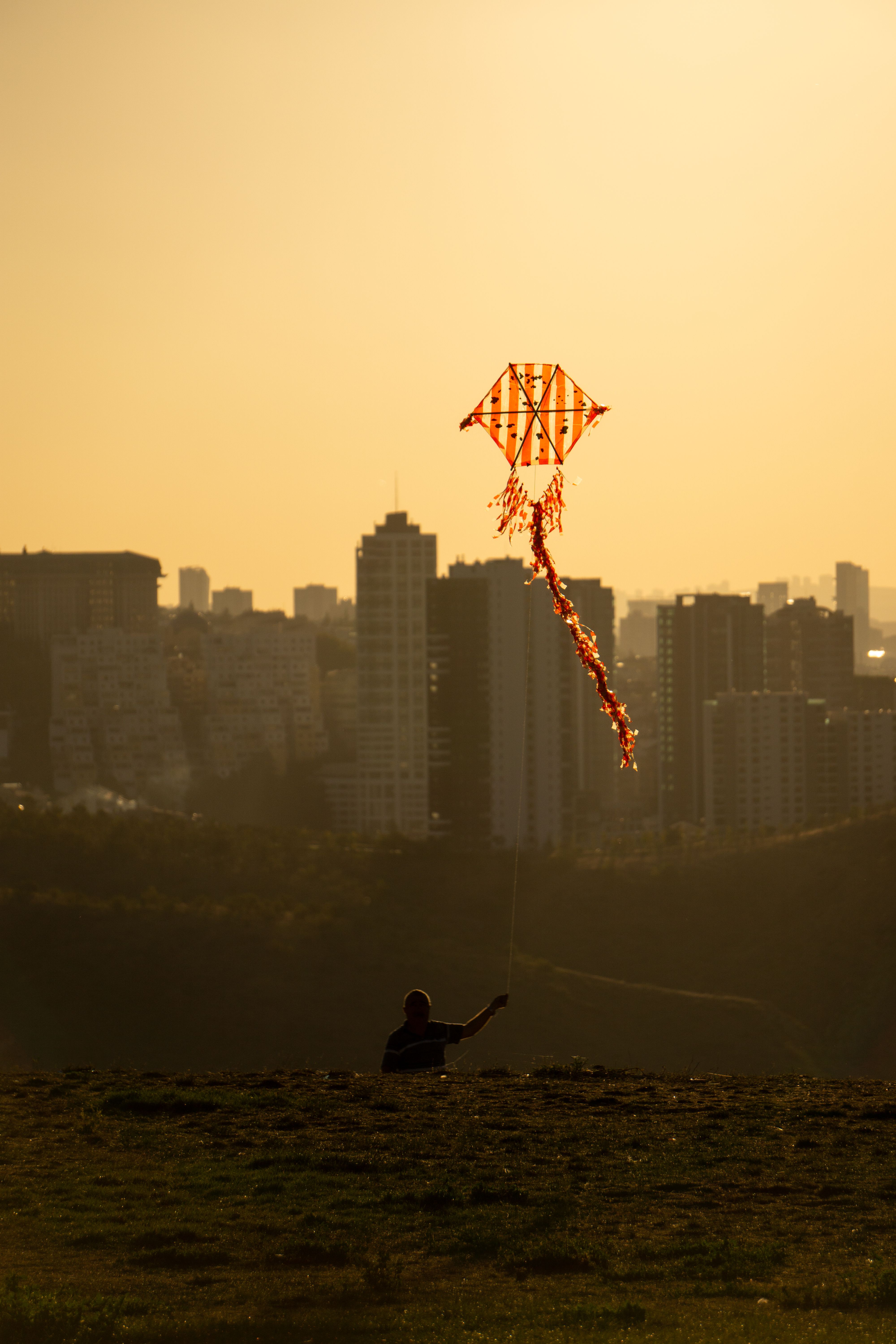 Silhouette of Person Flying Kite at Sunset · Free Stock Photo