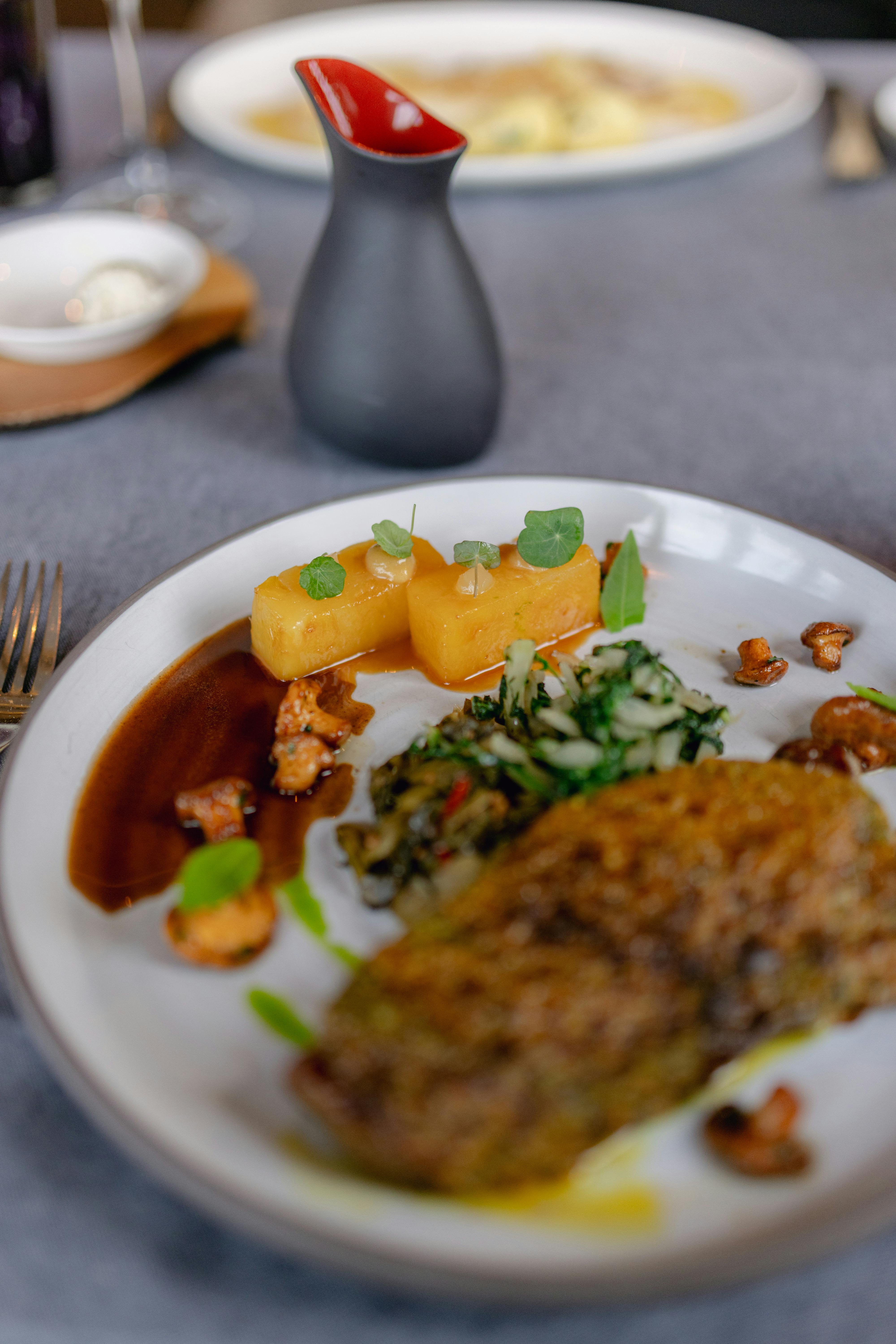 Gourmet Fine Dining Plate with Sauce and Herbs · Free Stock Photo