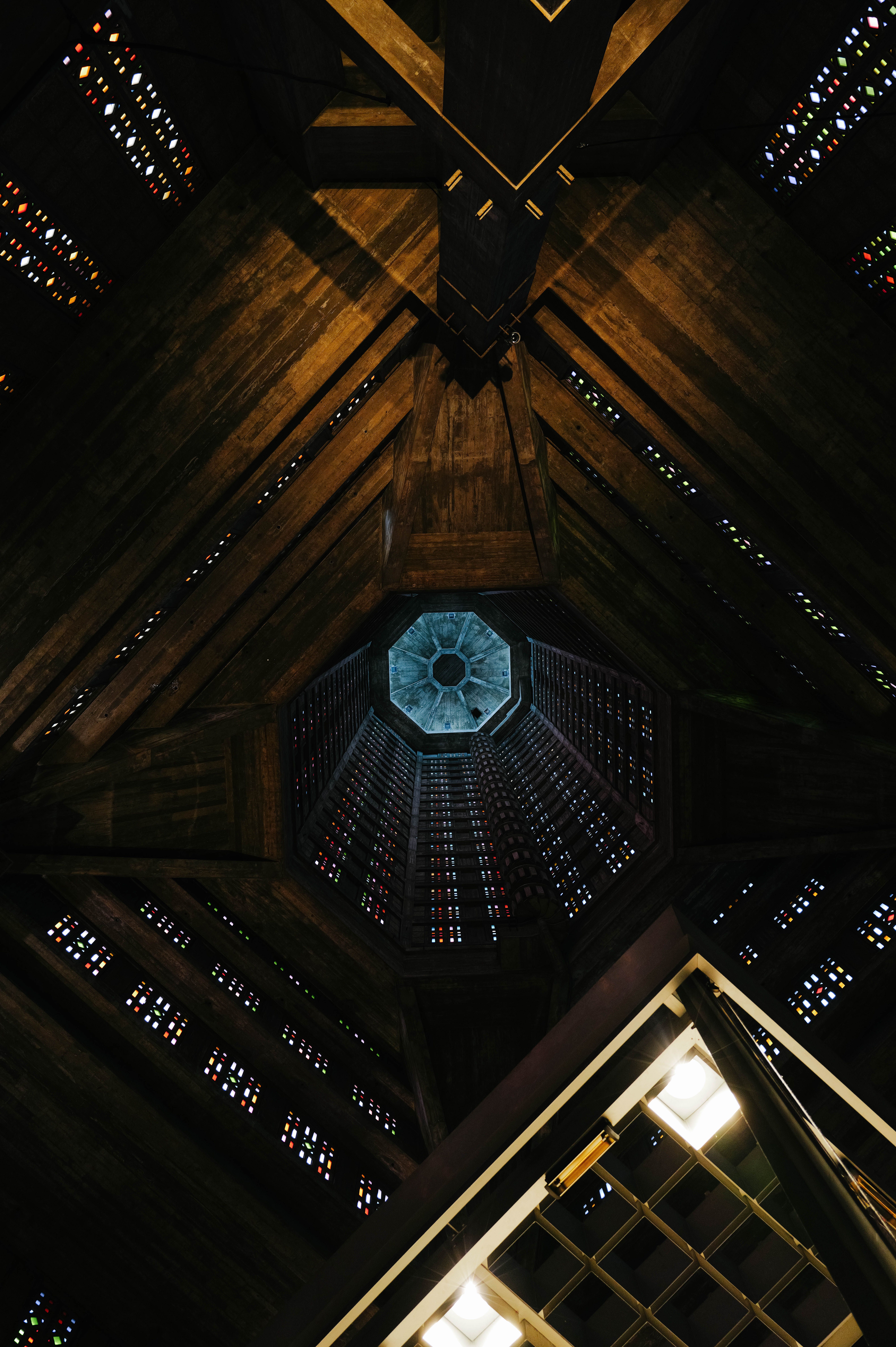 Gothic Cathedral Ceiling with Stained Glass Lights · Free Stock Photo
