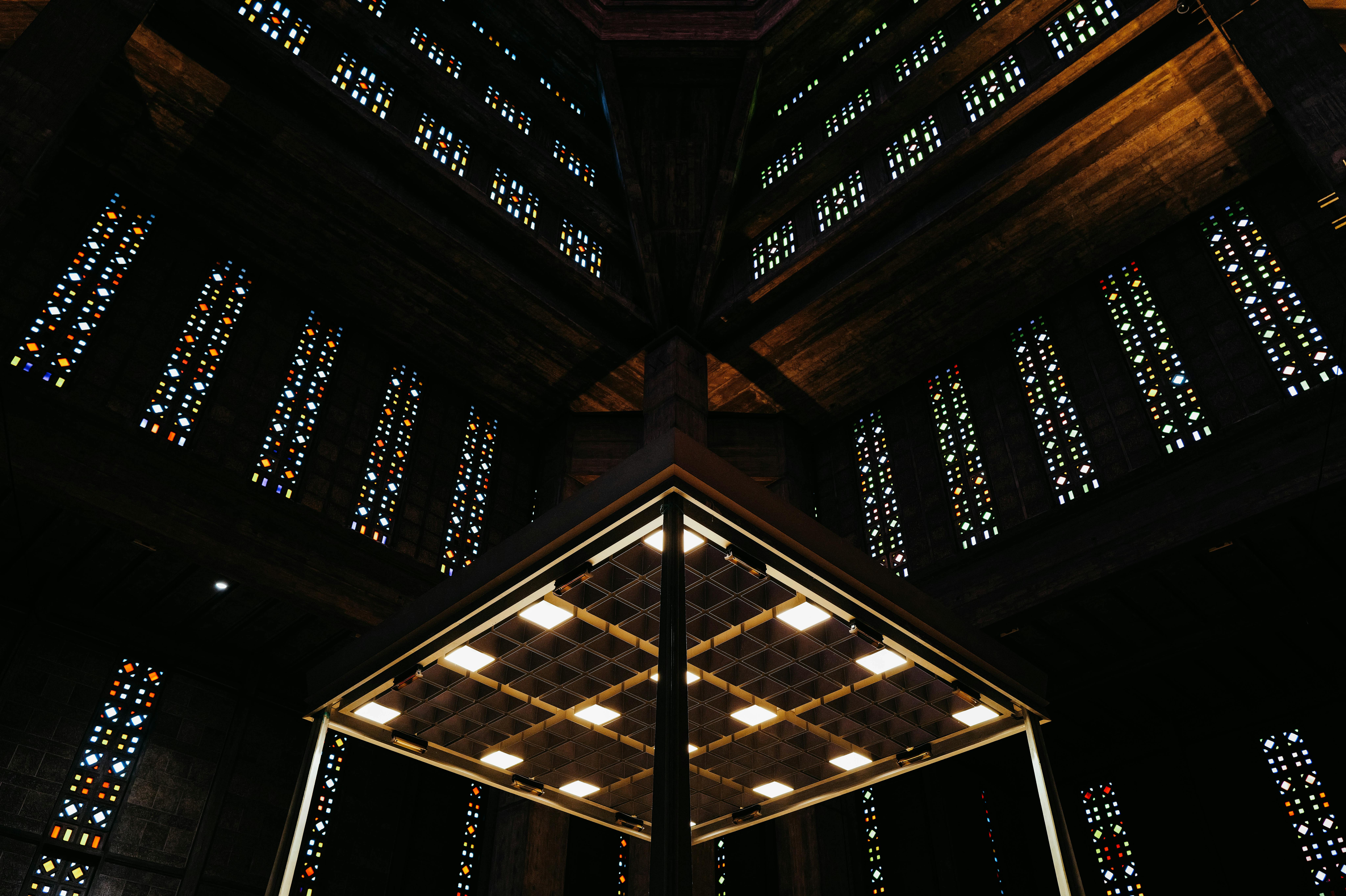 Interior view of modern stained glass church · Free Stock Photo