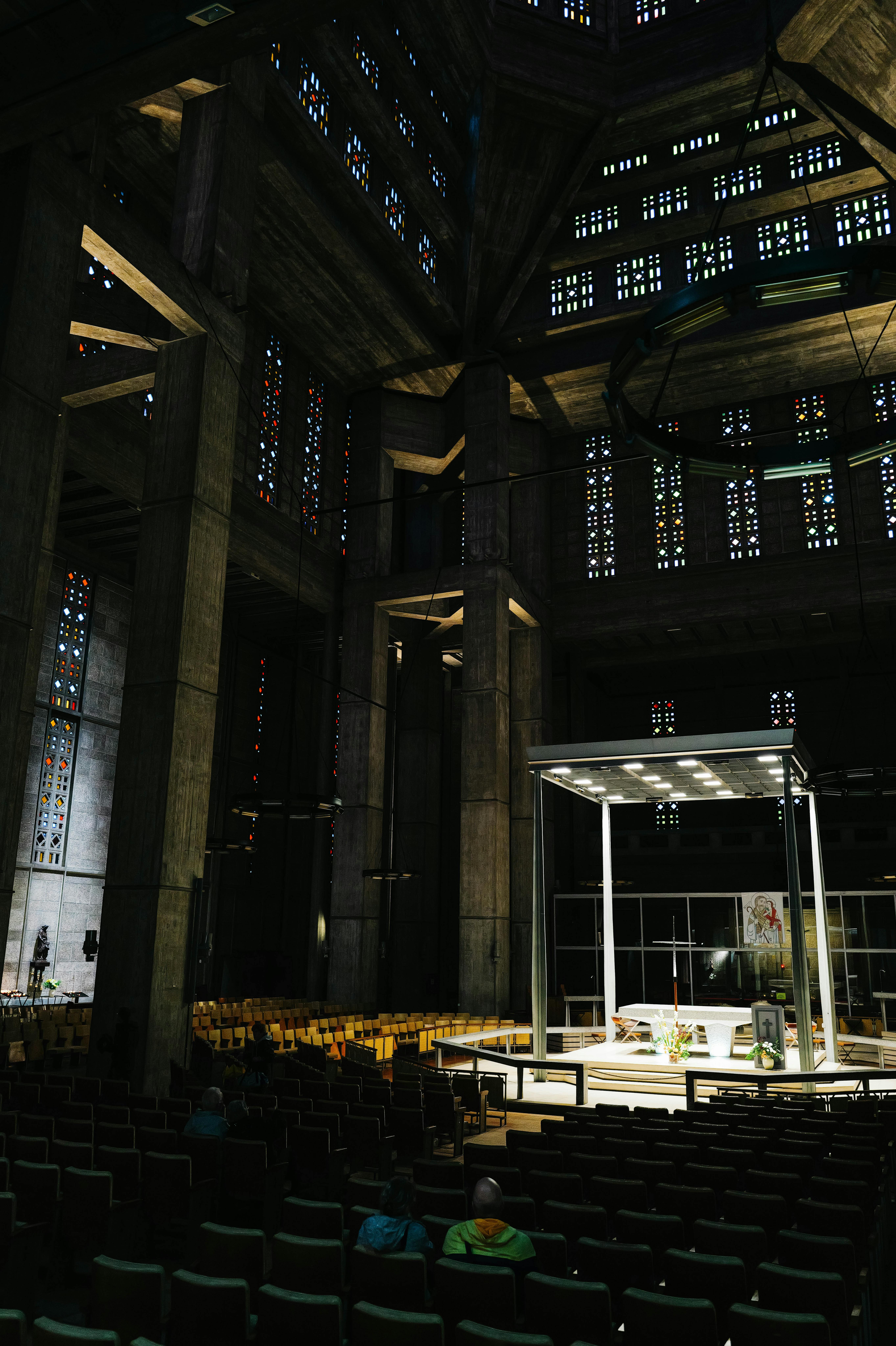 Dramatic Interior of Modern Cathedral with Stained Glass · Free Stock Photo
