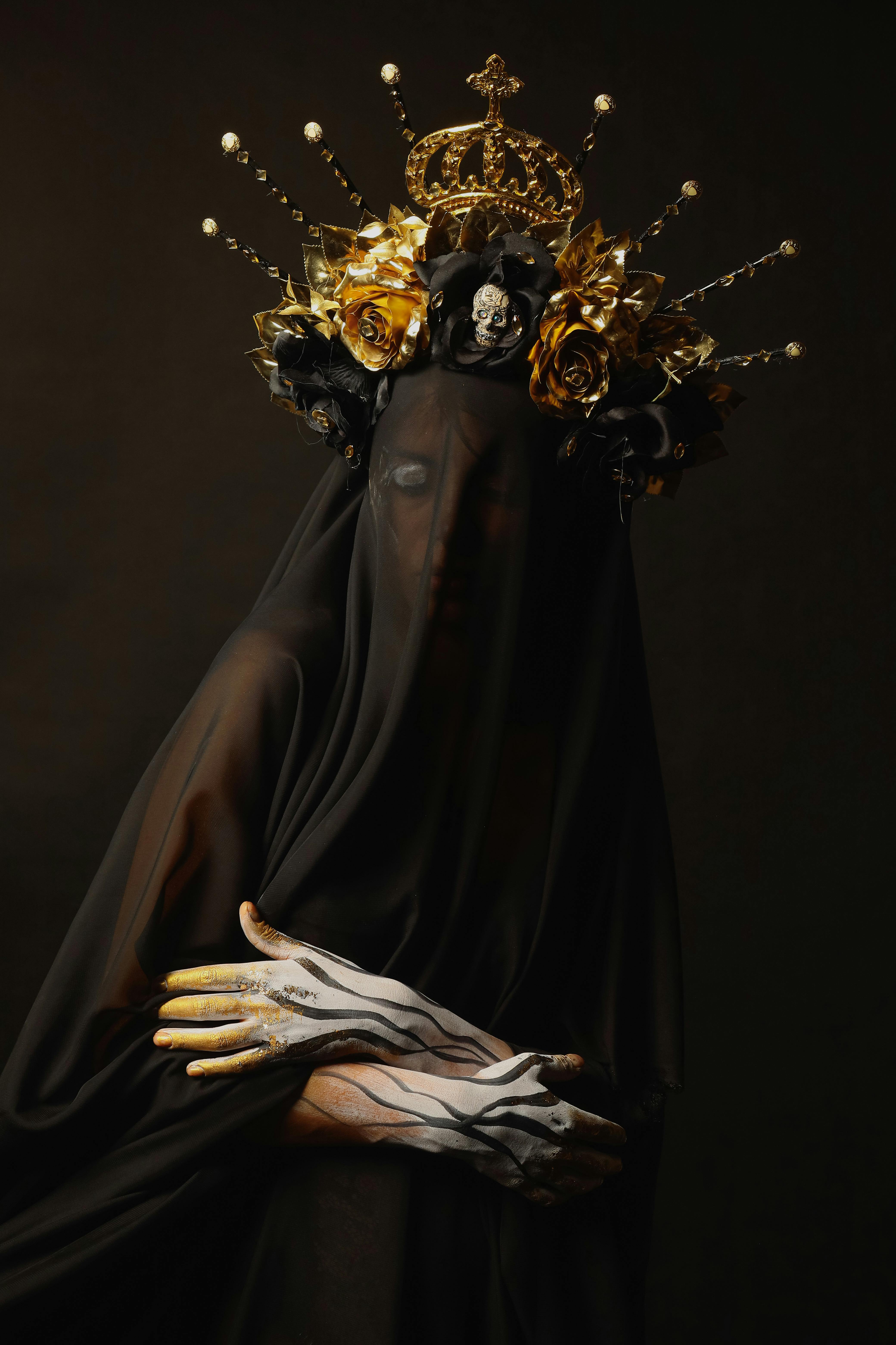 Dark Elegance: Veiled Figure with Crown and Roses · Free Stock Photo