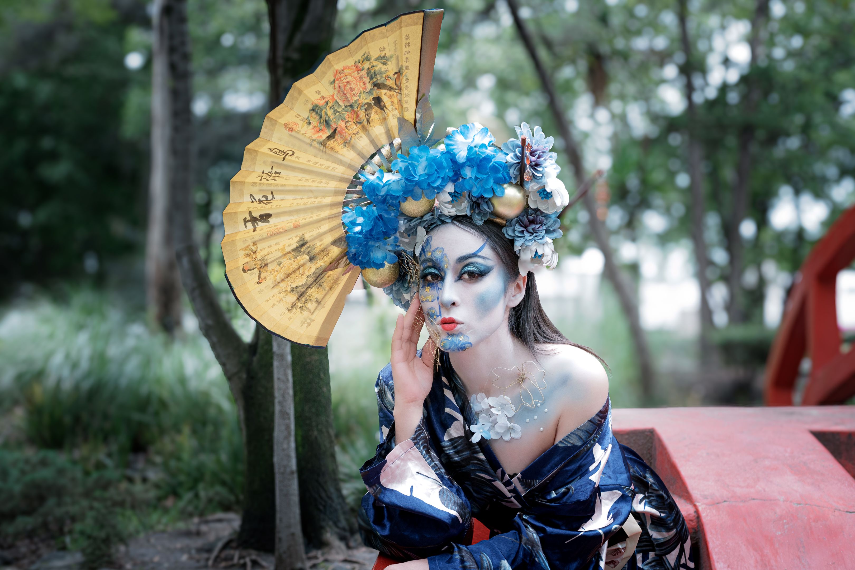Artistic Portrait of Modern Geisha in Blue Kimono · Free Stock Photo