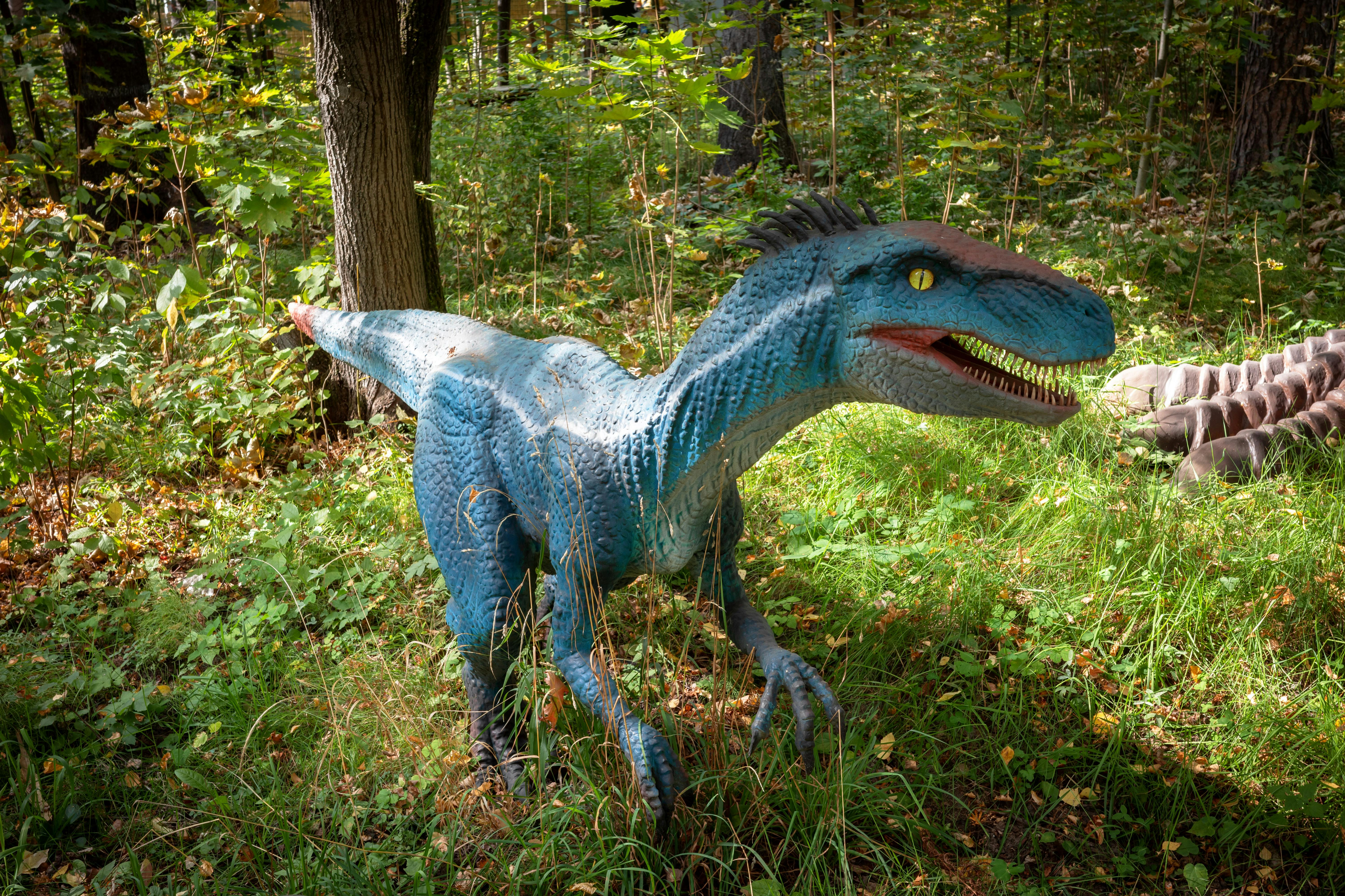 Realistic Velociraptor Dinosaur in Forest Setting · Free Stock Photo