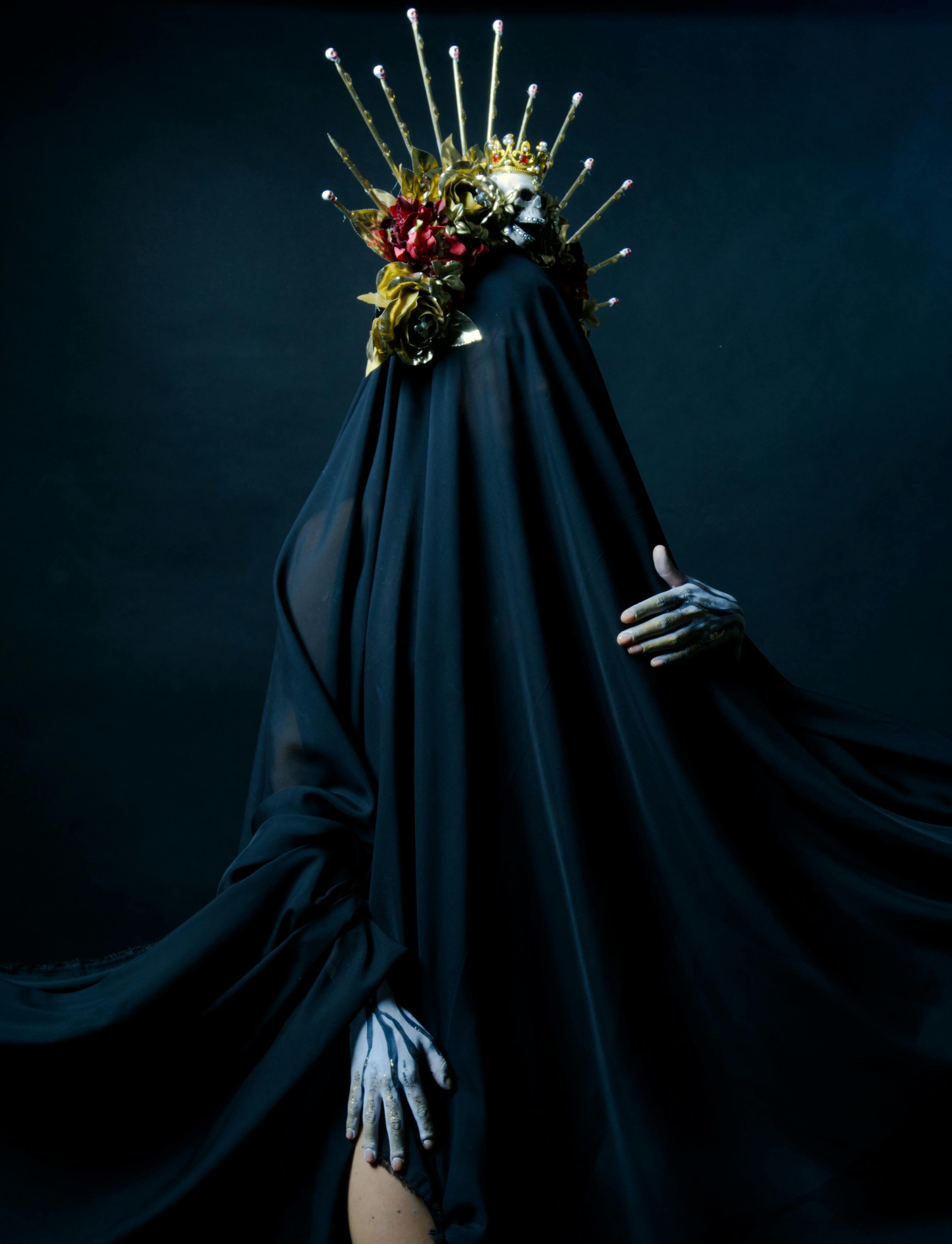 Mystical Figure in Shrouded Black Veil with Crown · Free Stock Photo
